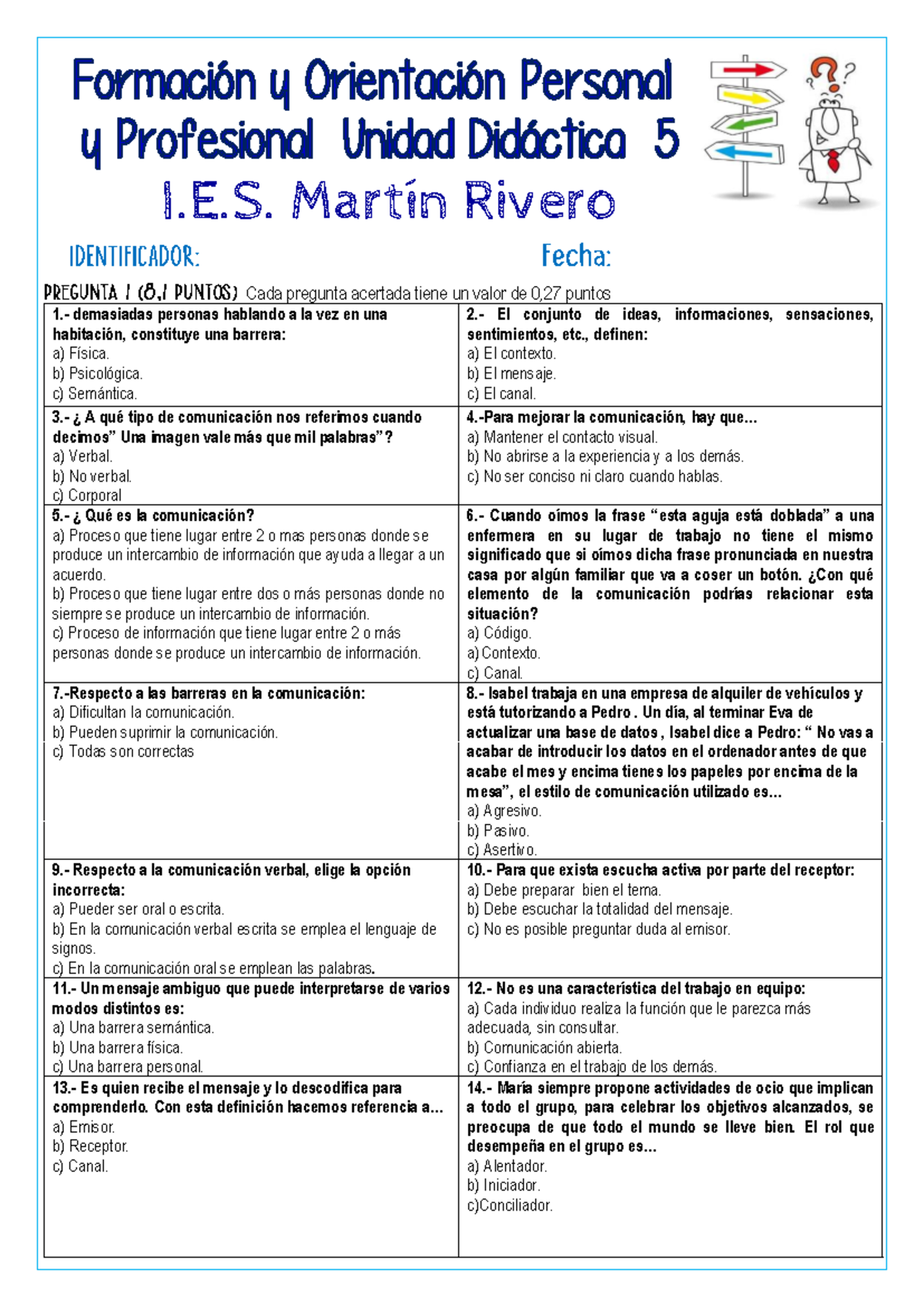 Examen Unidad 5 FOPP - Cada pregunta acertada tiene un valor de 0,27 ...