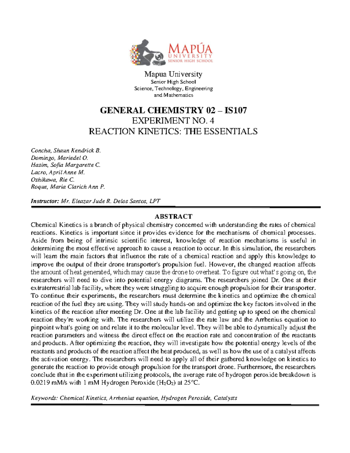 Lab-Rep-4 CO4 CHM02 Grp-4 IS107 - Mapua University Senior High School Science, Technology, - Studocu