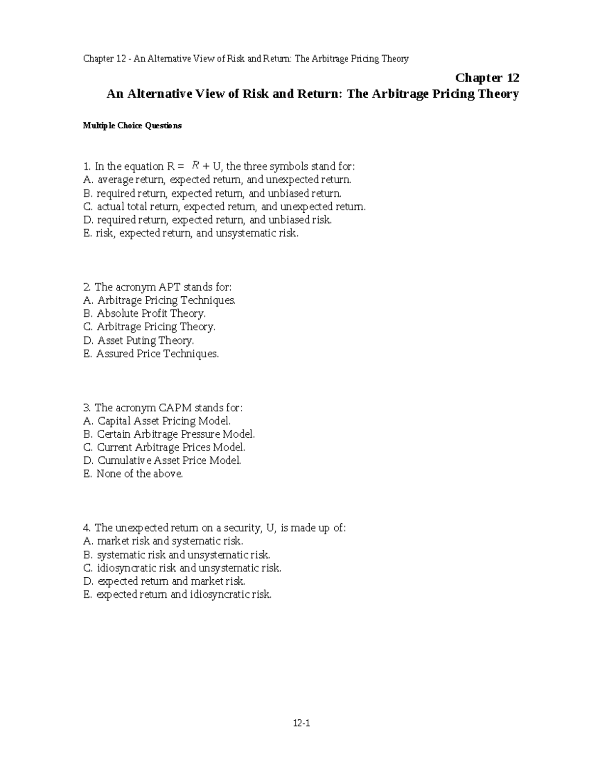 Xhvtstnpl - Bagus - Chapter 12 An Alternative View of Risk and Return ...