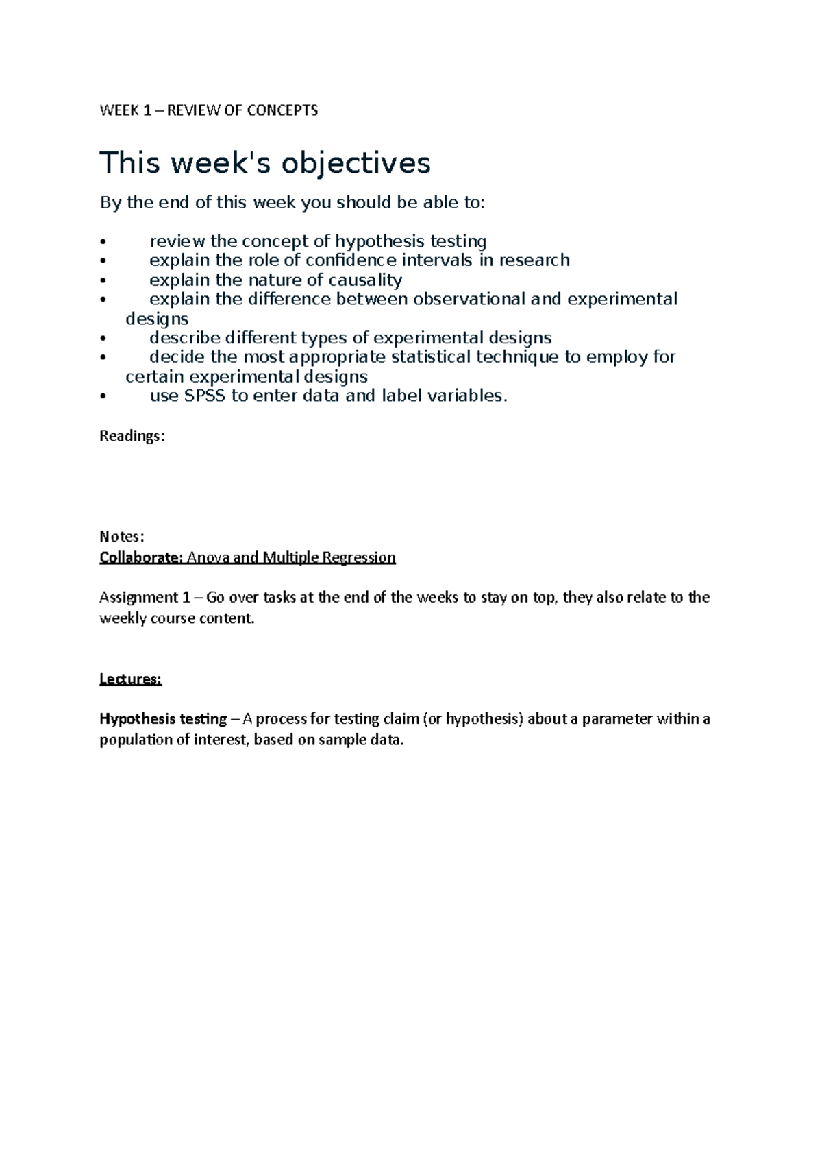 STA2000 6 notes - WEEK 1 – REVIEW OF CONCEPTS This week's objectives By ...