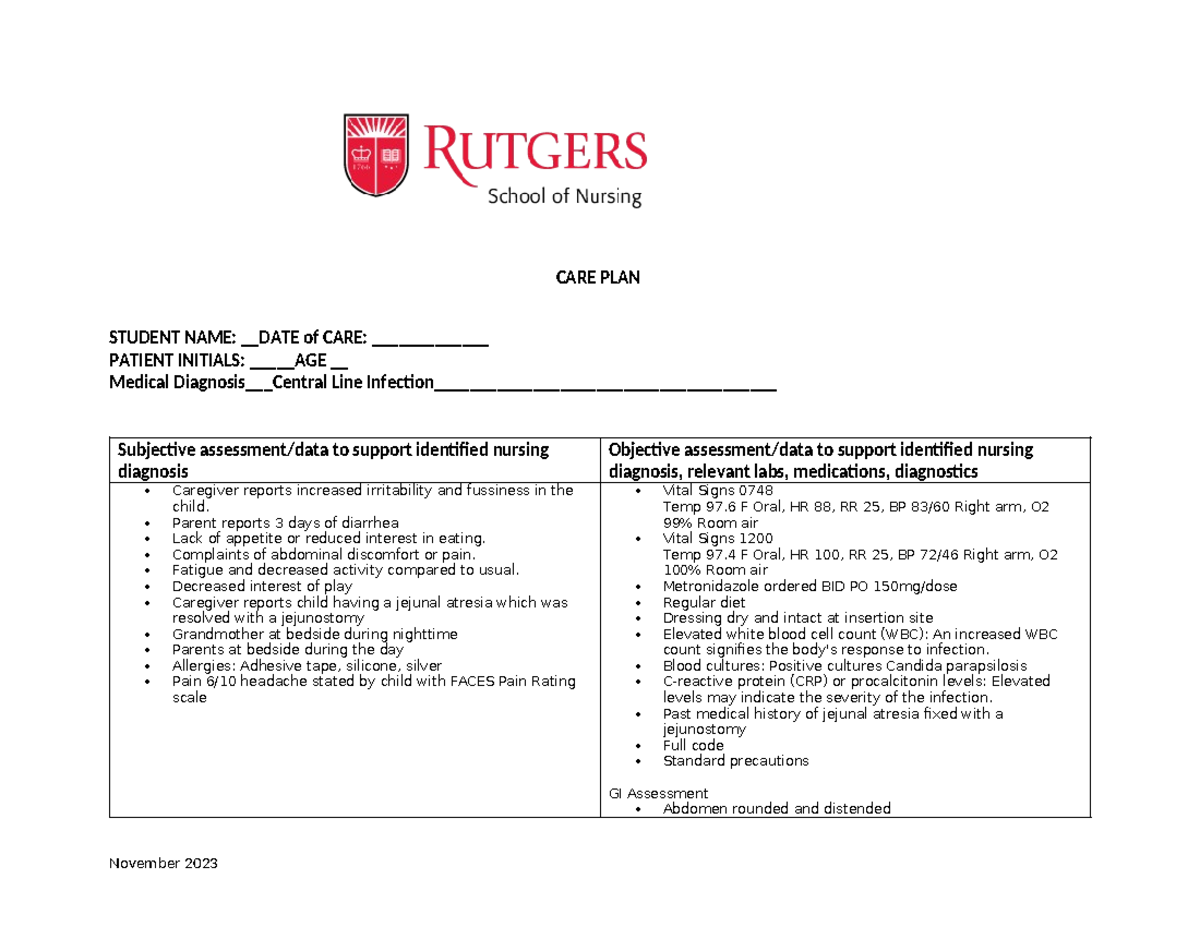 Nursing Care Plan Template 2023 - CARE PLAN STUDENT NAME: __DATE of ...