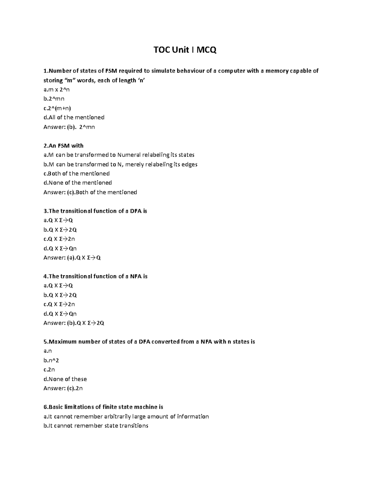 TOC Unit I MCQ - TOC - TOC Unit I MCQ 1 of states of FSM required to ...