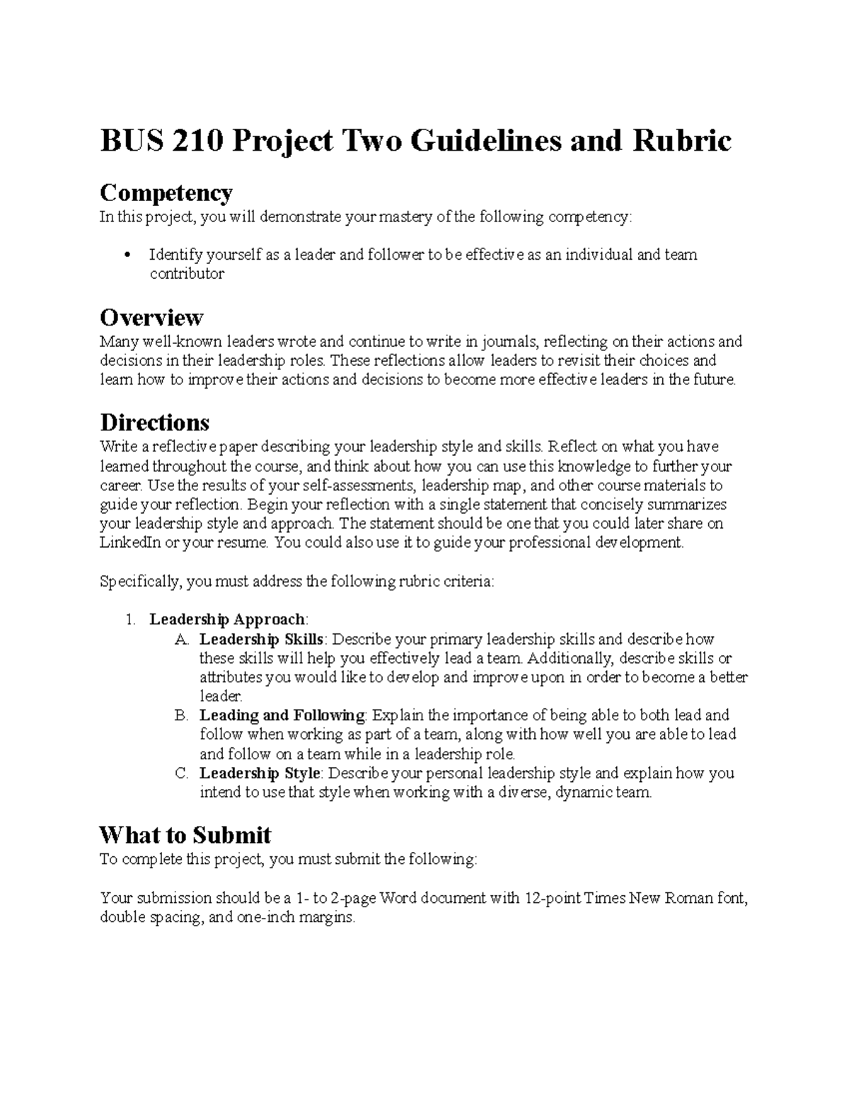 BUS-210 Project Two Guidelines and Rubric - BUS 210 Project Two Guidelines and Rubric Competency ...