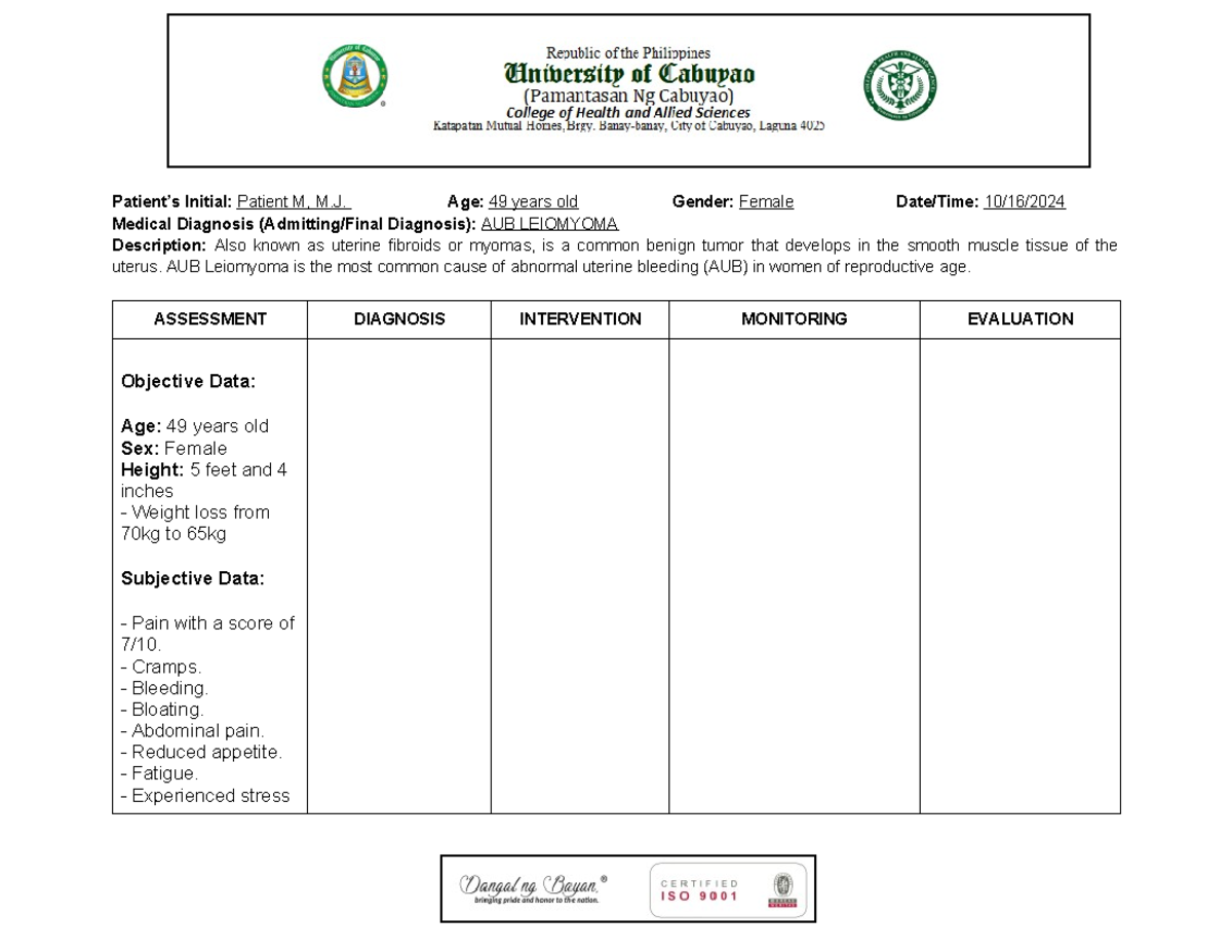 NCP - Adime - 2nd year - Patient’s Initial: Patient M, M. Age: 49 years old Gender: Female - Studocu