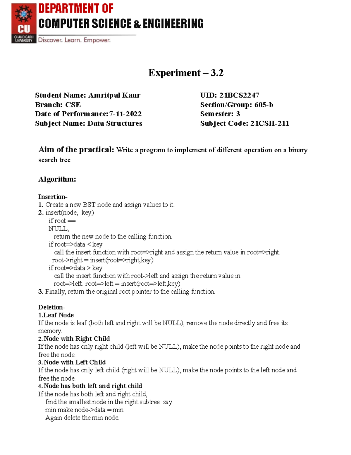 3.2 worksheet ds (1) - Experiment – 3. Student Name: Amritpal Kaur UID ...