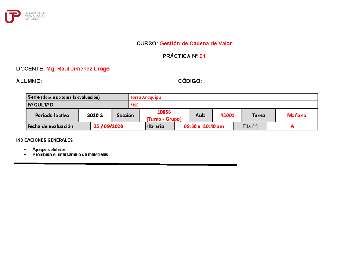 PC1 gestion de la cadena de Valor - CURSO: Gestión de Cadena de Valor PRÁCTICA Nº 01 DOCENTE: Mg ...