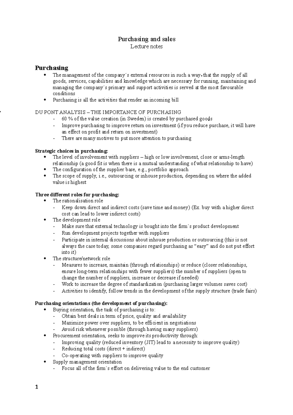 Lecture notes - Purchasing and sales Lecture notes Purchasing The ...