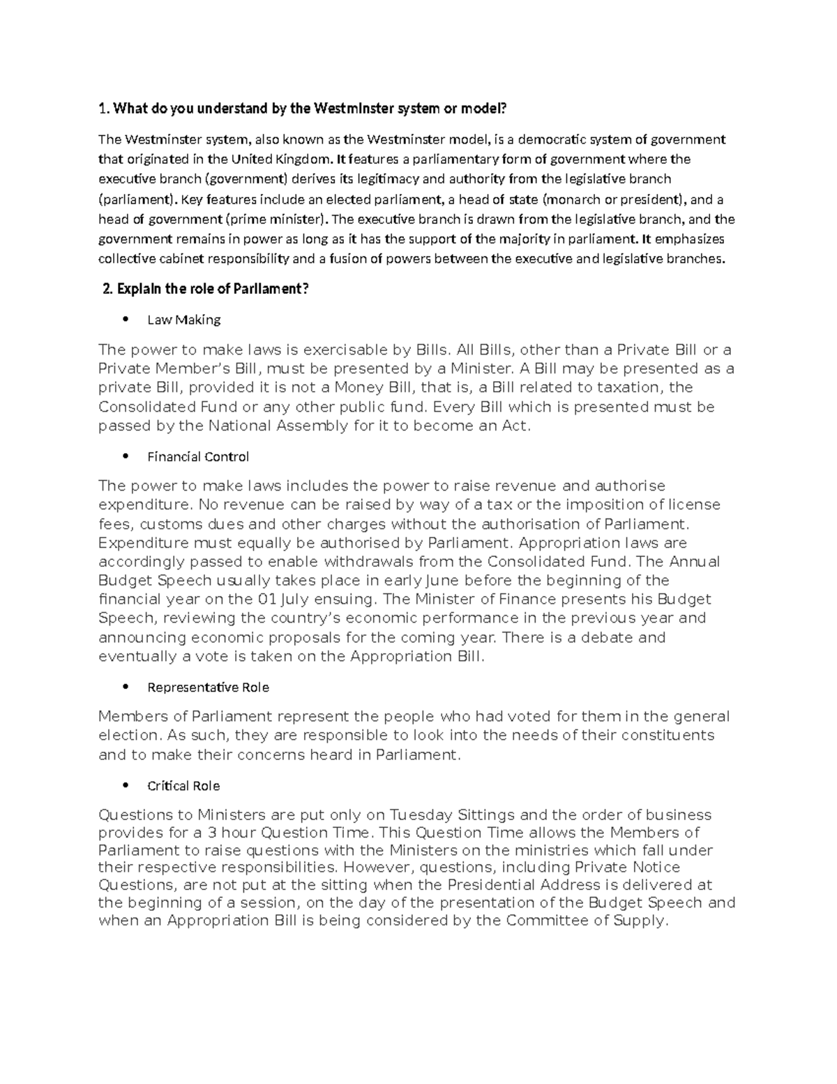 CAL unit 1 - 1. What do you understand by the Westminster system or ...