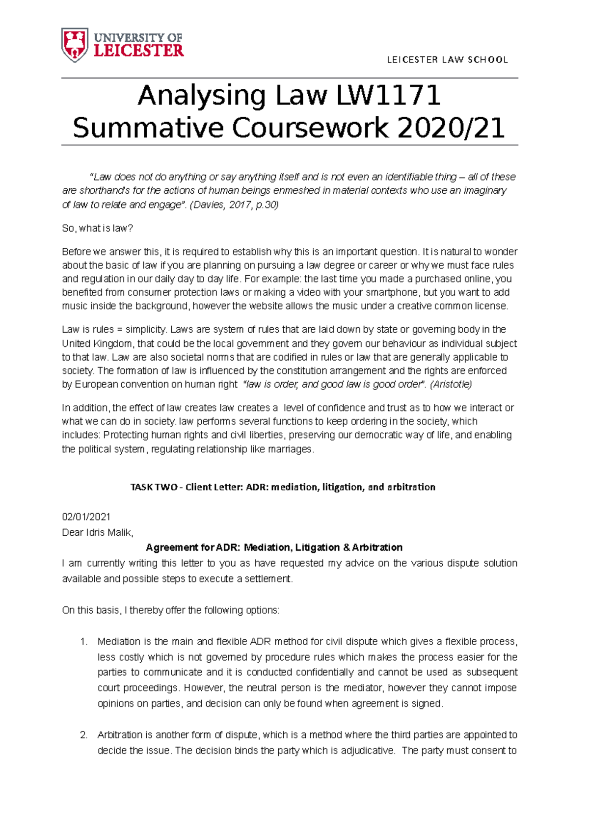 Analysing Law Essay Final - LEICESTER LAW SCHOOL Analysing Law LW Summative Coursework 2020 ...