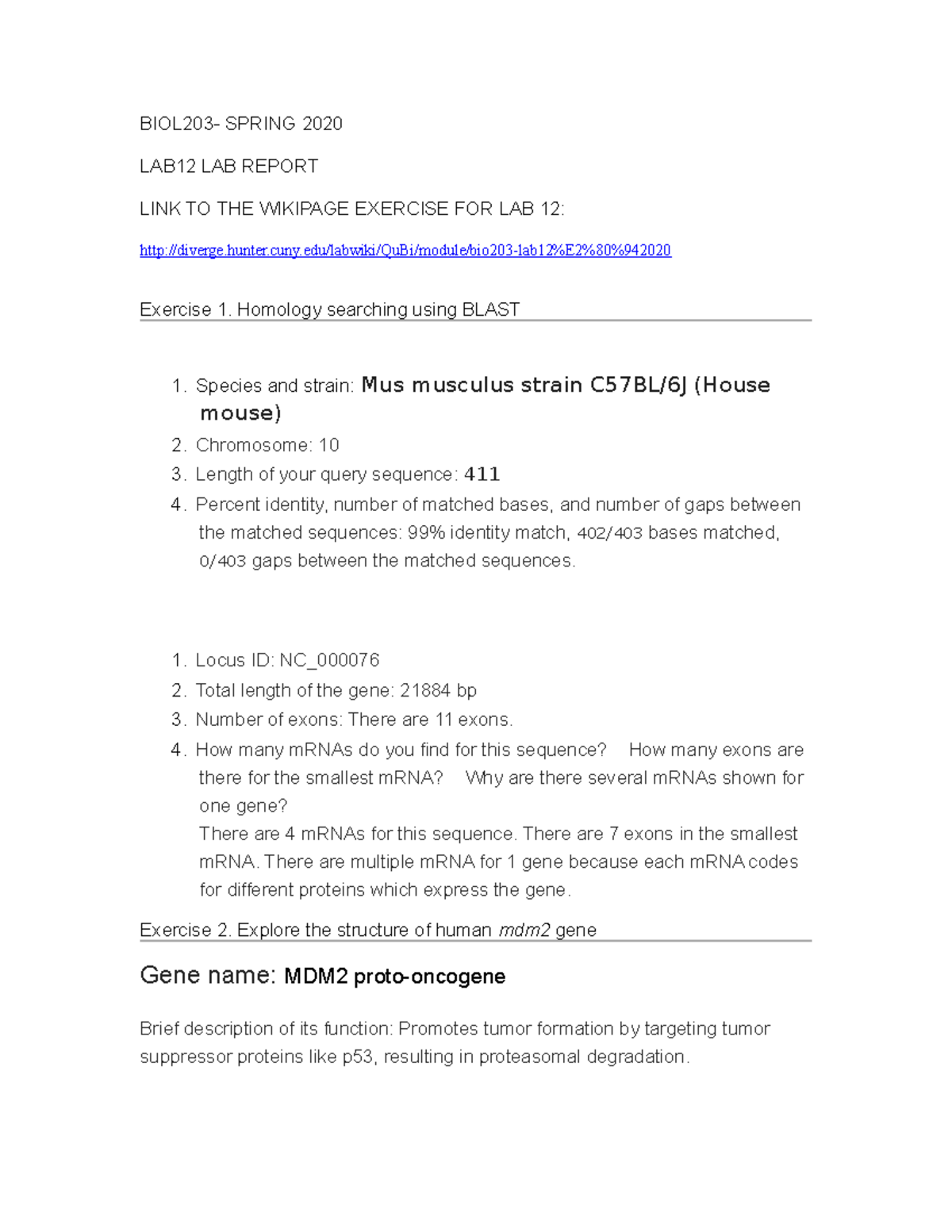 Bio lab 12 - Lab report - BIOL203- SPRING 2020 LAB12 LAB REPORT LINK TO ...