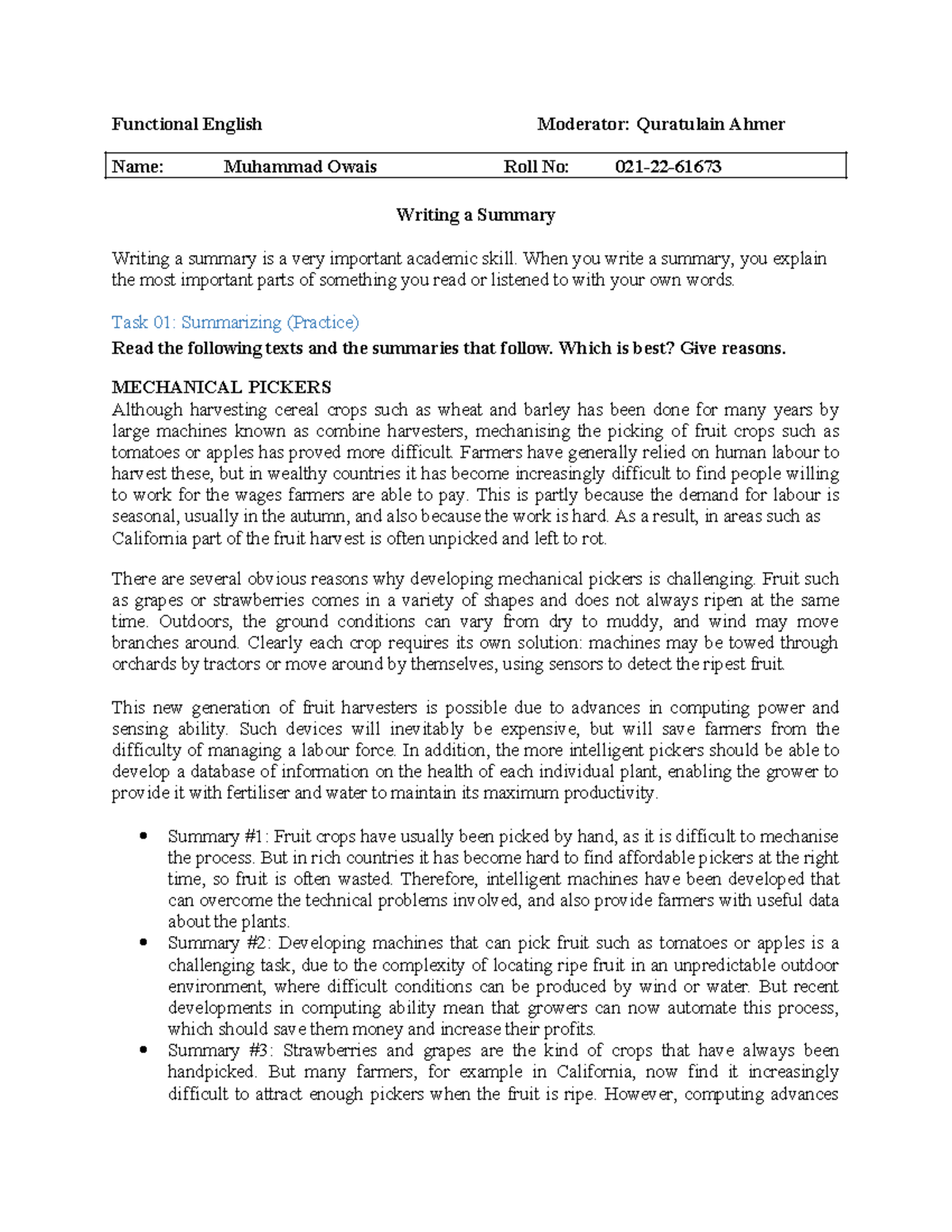 Functional English - Assignment 1 - Functional English Moderator: Quratulain Ahmer Name ...