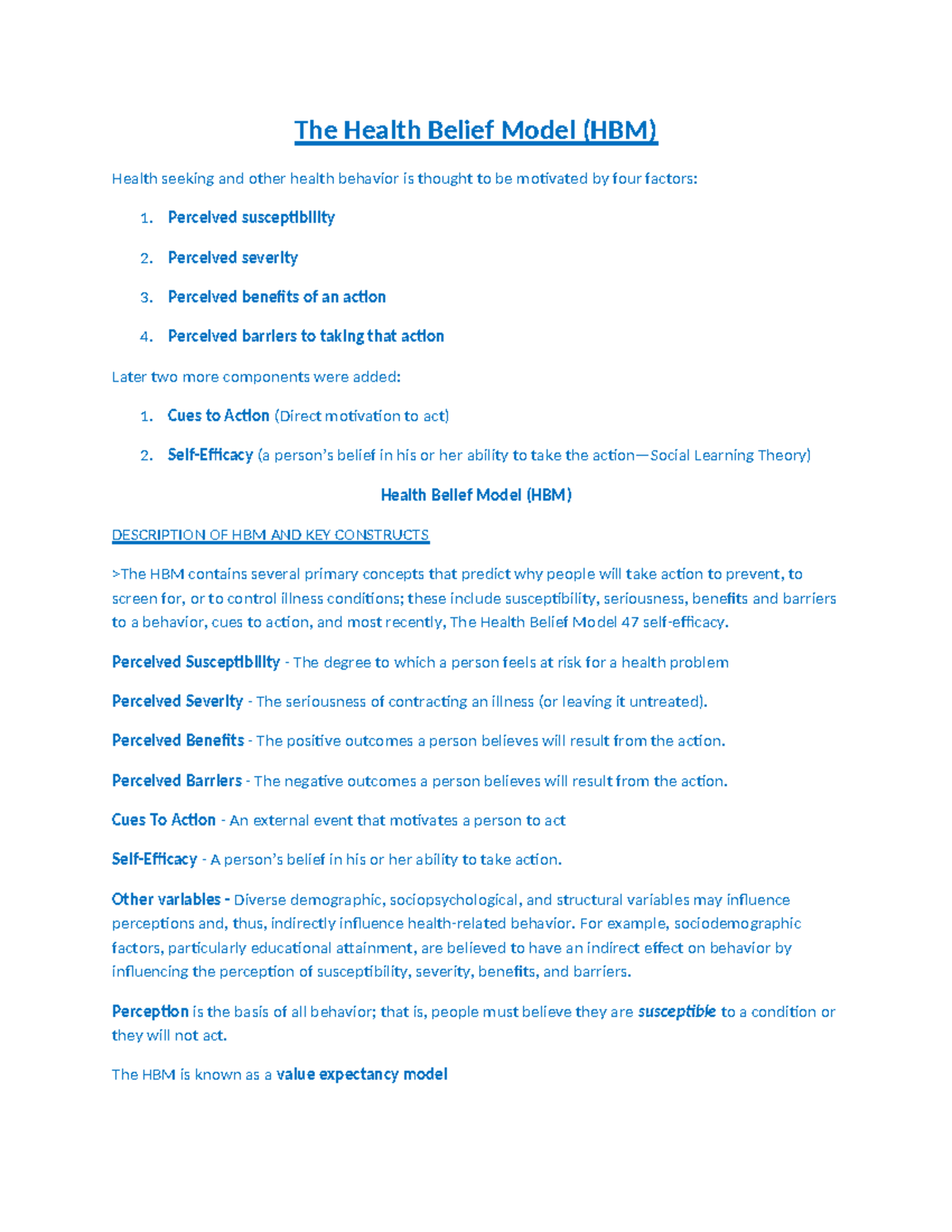 The Health Belief Model - Perceived susceptibility 2. Perceived ...