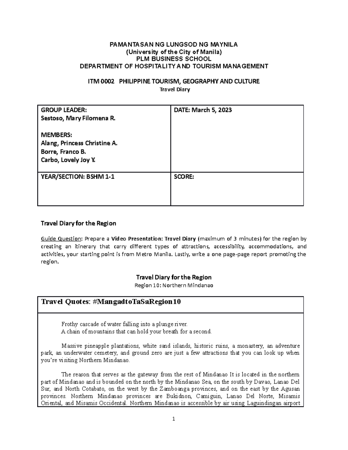 Group 4 Travel Diary of Region 10 Northern Mindanao - PAMANTASAN NG ...