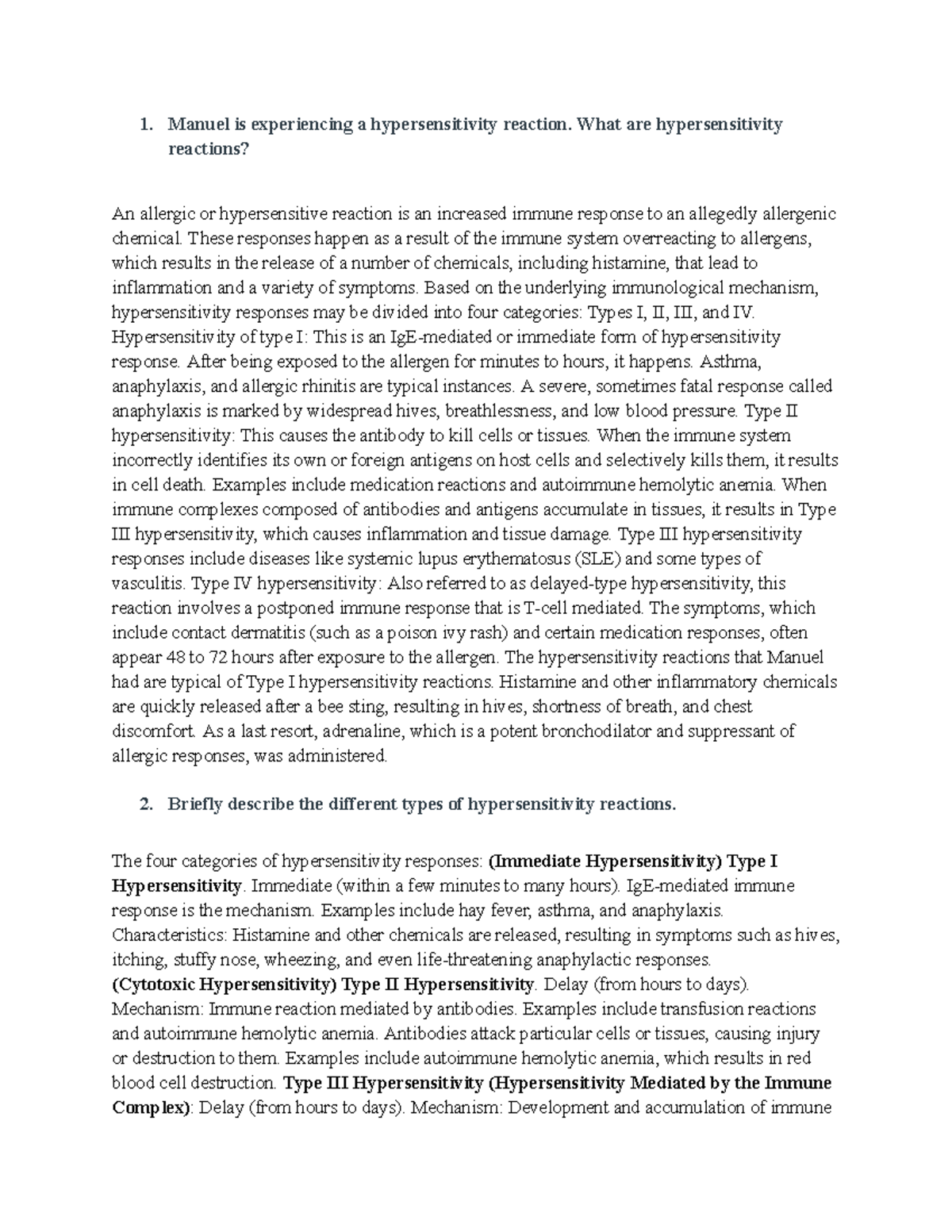 Case Study Hypersensitivity Reactions- Isha Patel - Manuel is experiencing a hypersensitivity ...