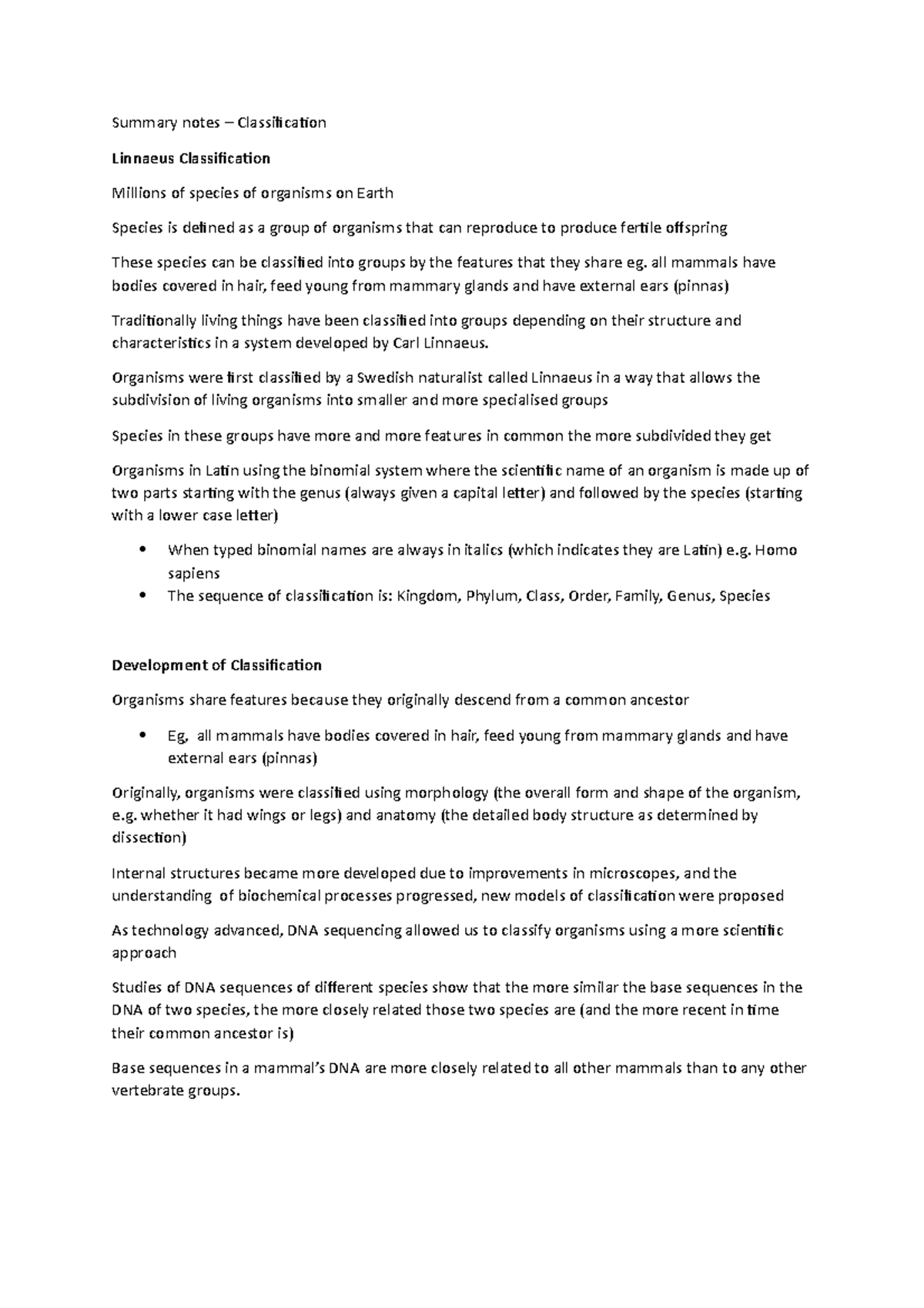 Summary notes - Classification - Summary notes – Classification ...