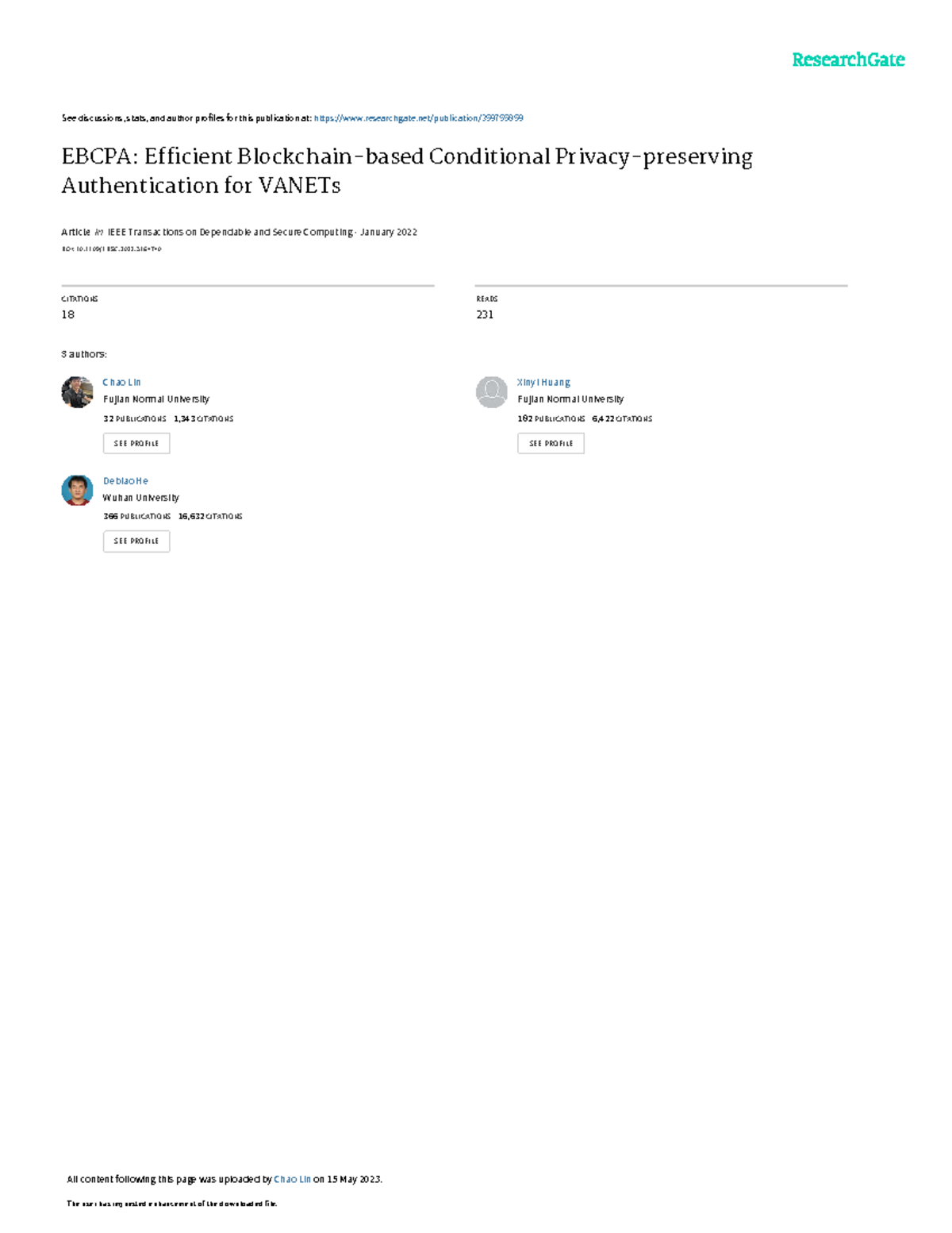 202204 Tdsc Ebcpa Efficient Blockchain Based Conditional Privacy Preserving Authenticationfor