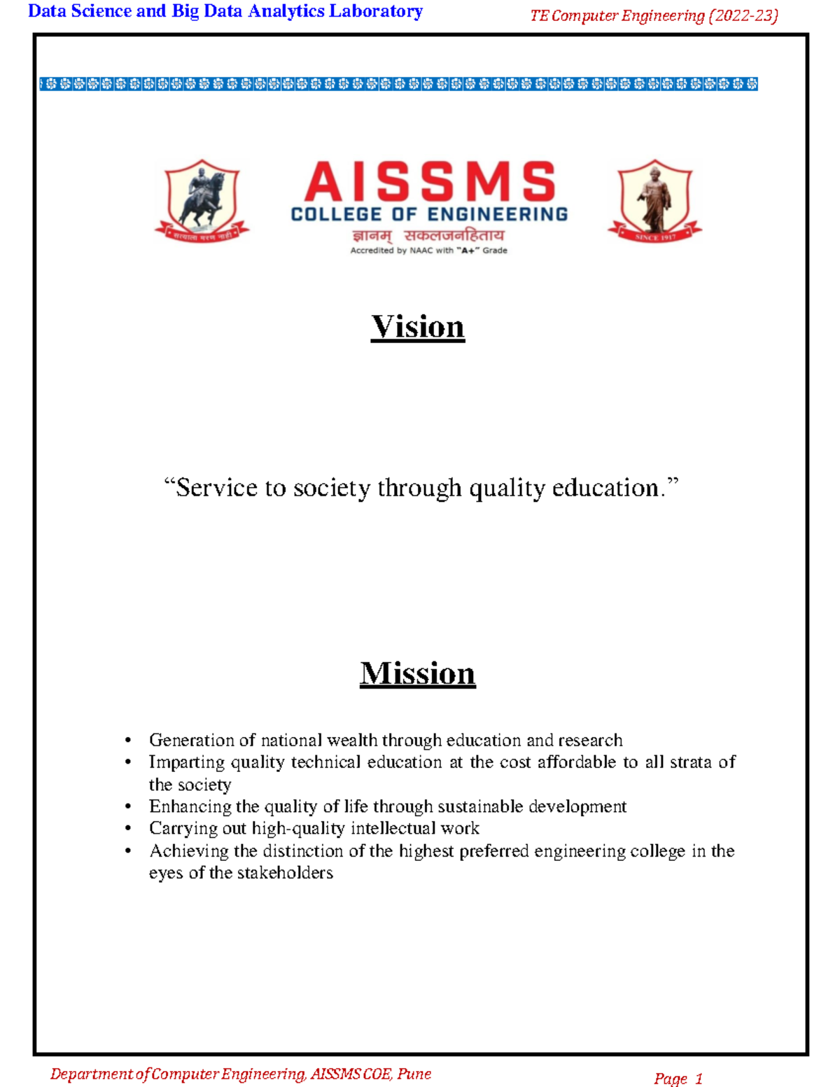 Dsbda Lab manual 2022-23 - Department of Computer Engineering, AISSMS ...