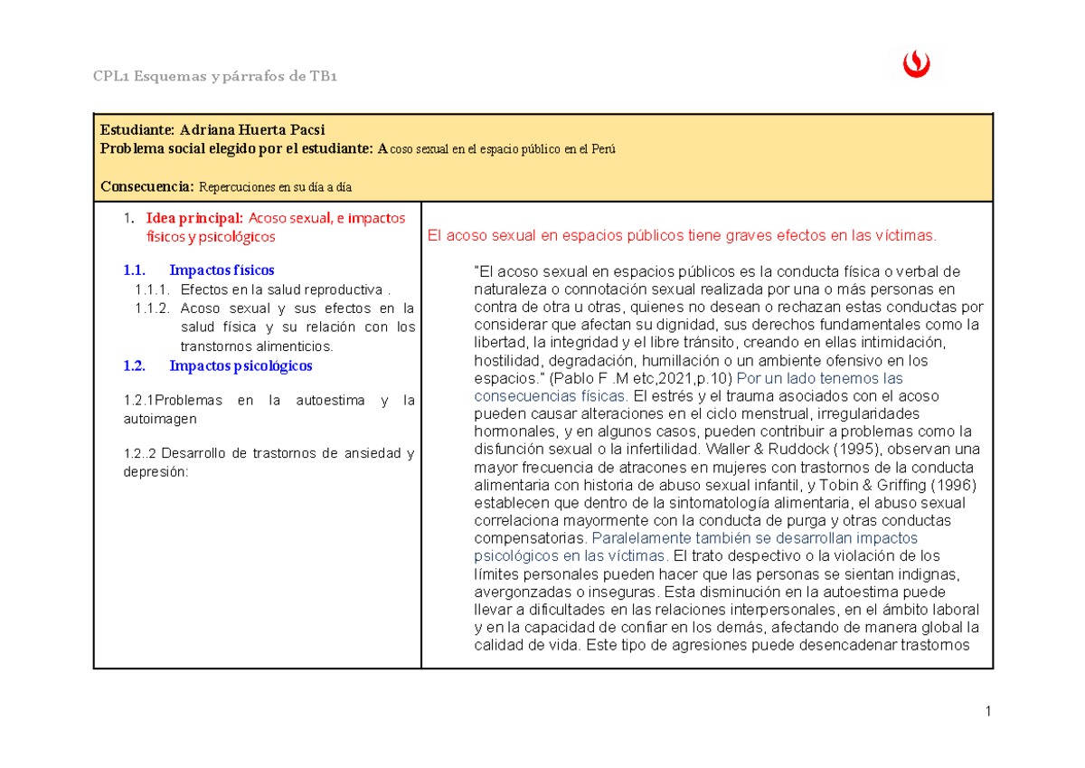 TB1 - tb1 - CPL1 Esquemas y párrafos de TB Estudiante: Adriana Huerta Pacsi Problema social ...