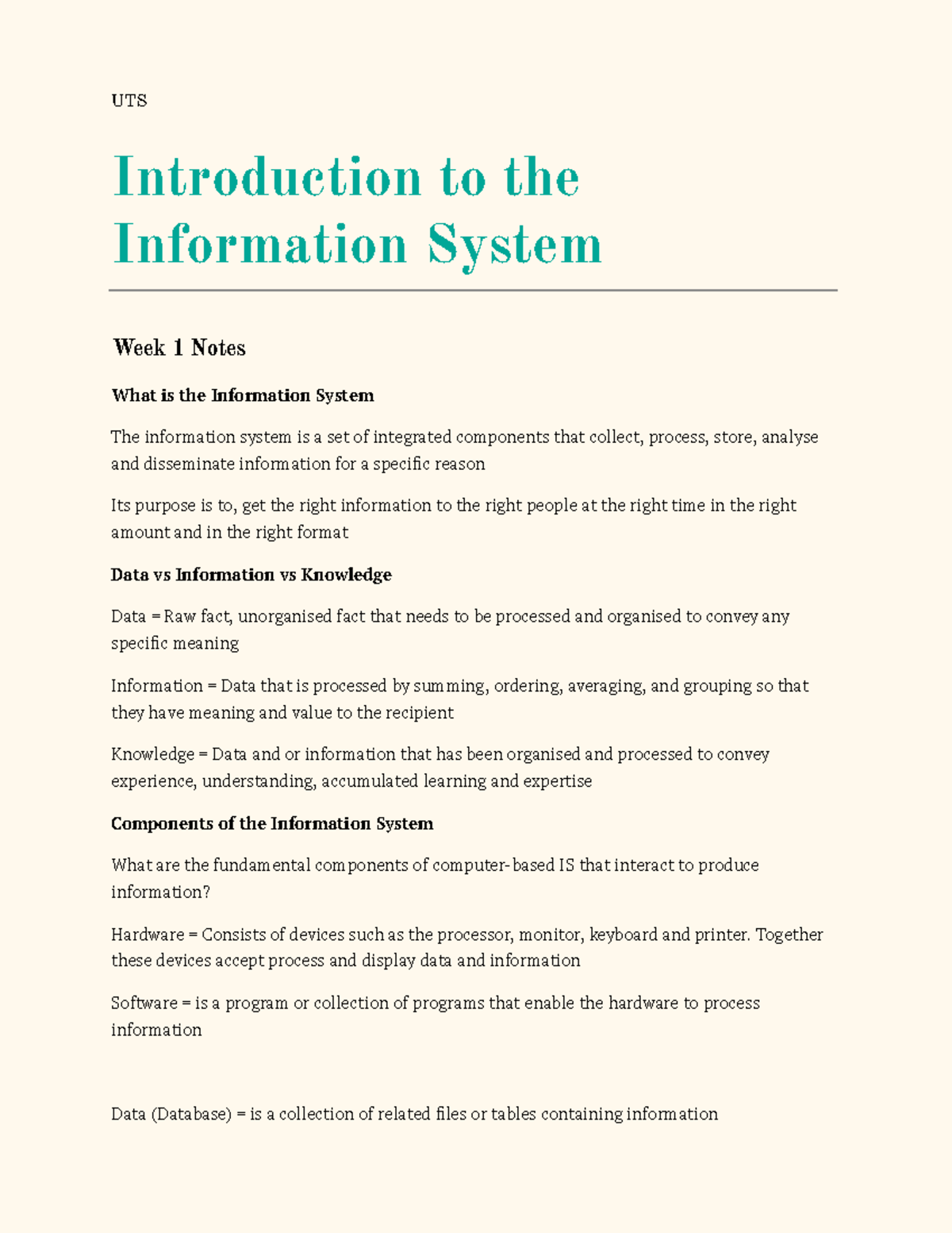 Class notes and information from weeks 1-3 - UTS Introduction to the ...