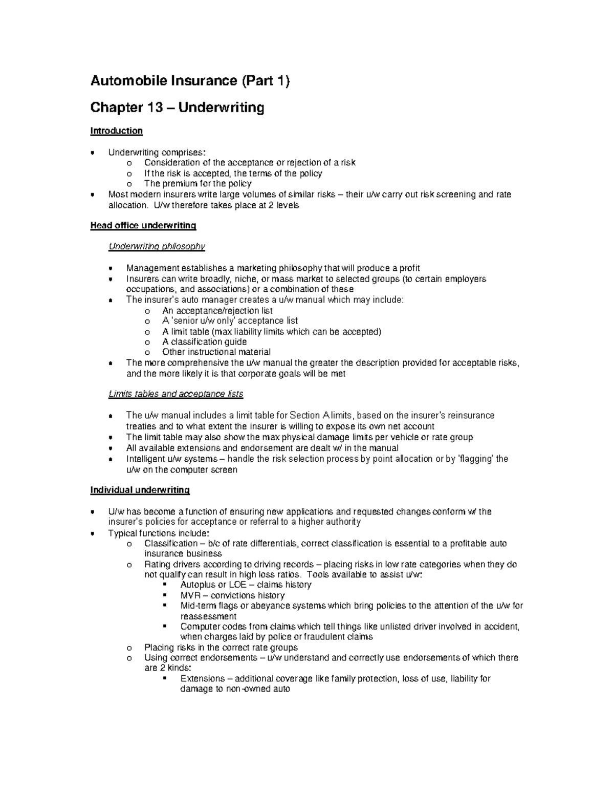 CIP - Notes - Automobile Insurance (Part 1) Chapter 13 – Underwriting ...
