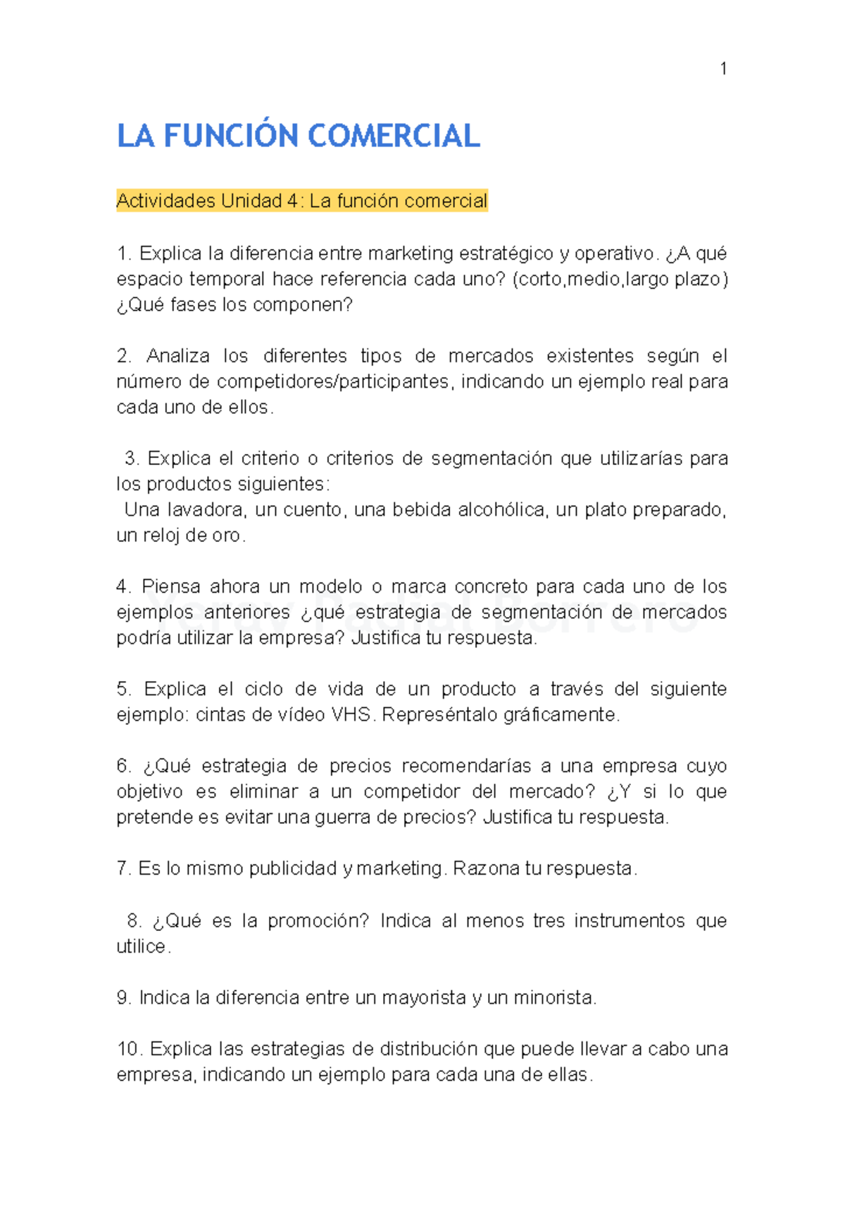 LA Función Comercial - economy - Yeray Padial Borrero LA FUNCIÓN COMERCIAL Actividades Unidad 4 ...