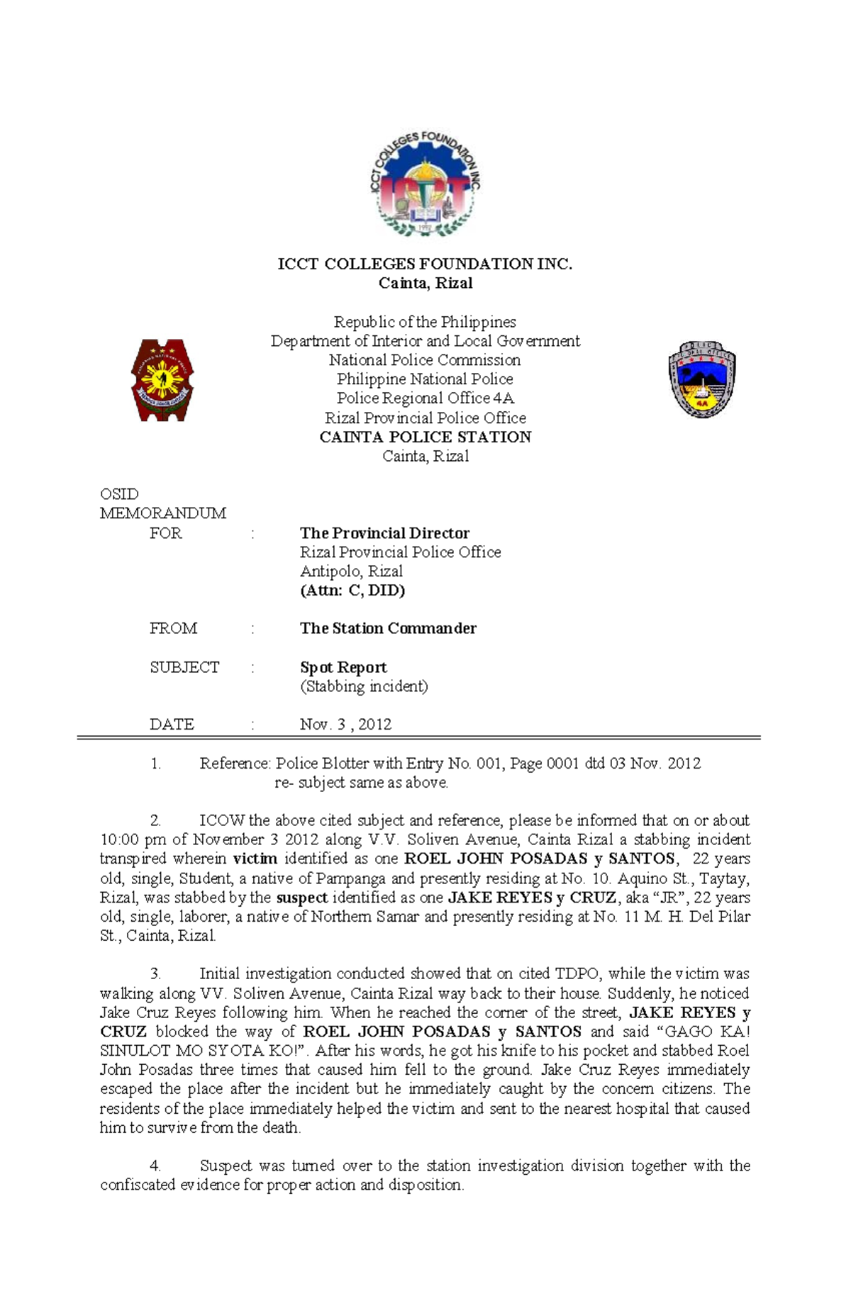118400363-Police-Report - ICCT COLLEGES FOUNDATION INC. Cainta, Rizal ...