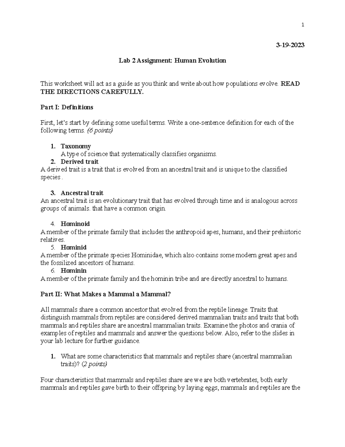 Lab 2 anthp 105 - 3-19- Lab 2 Assignment: Human Evolution This ...