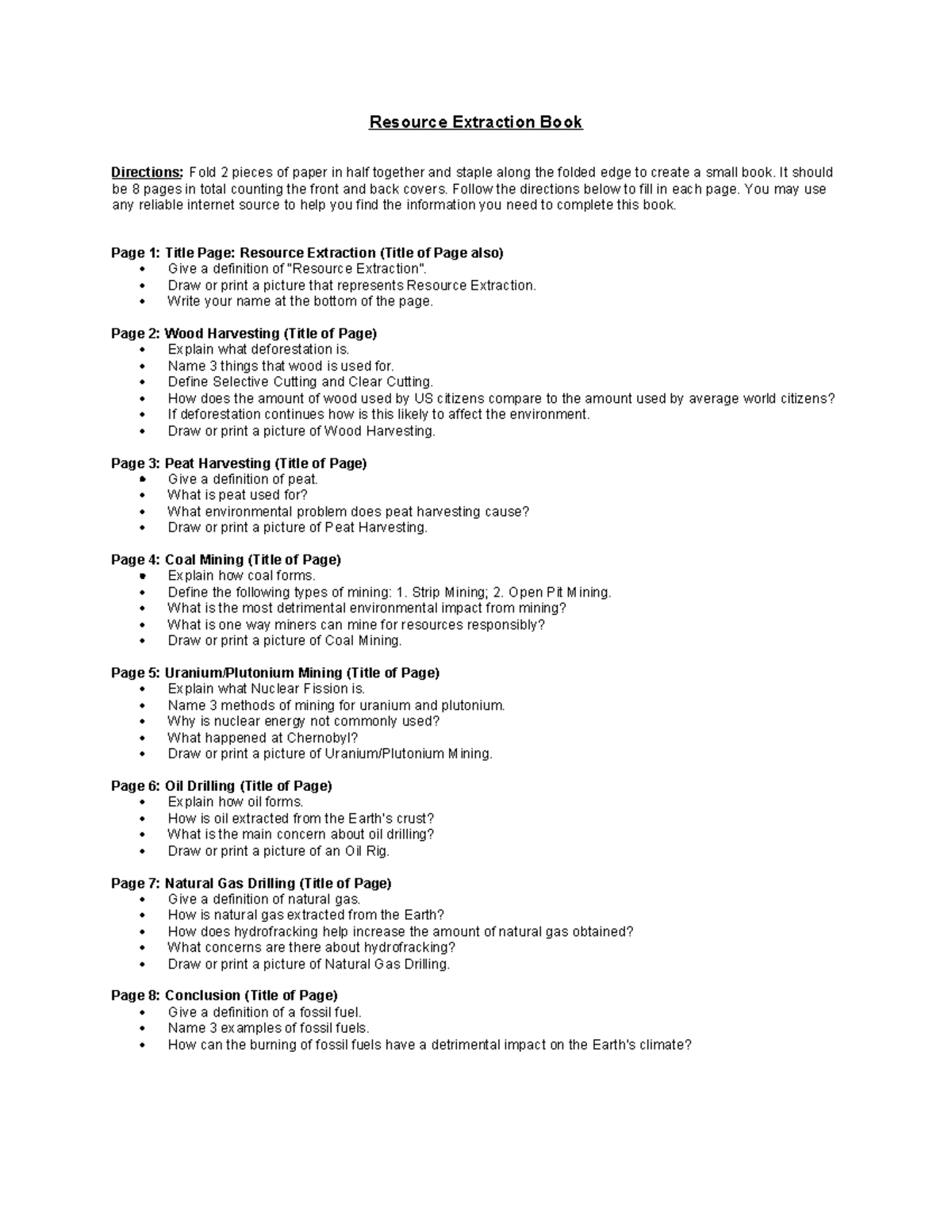 Resource Extraction Book - Resource Extraction Book Directions: Fold 2 ...