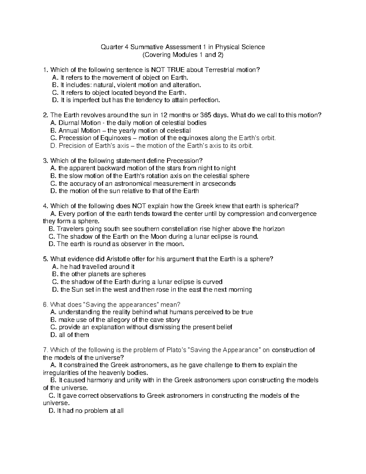 Summative Assessment 1 in Q4 Physical Science - Quarter 4 Summative ...