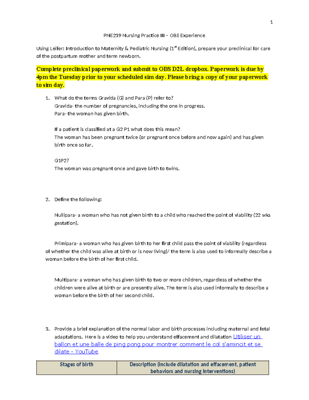 OBS preclinical paperwork - PNE239 Nursing Practice III – OBS ...