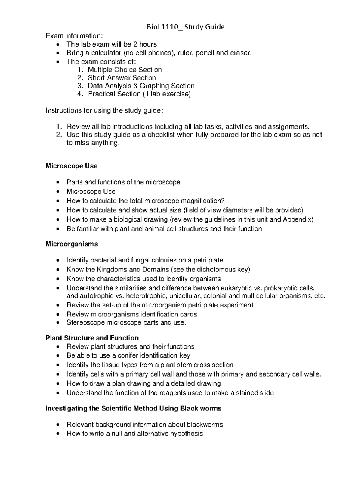 Study Guide - LAB - Biol 1110_ Study Guide Exam information: - The lab ...