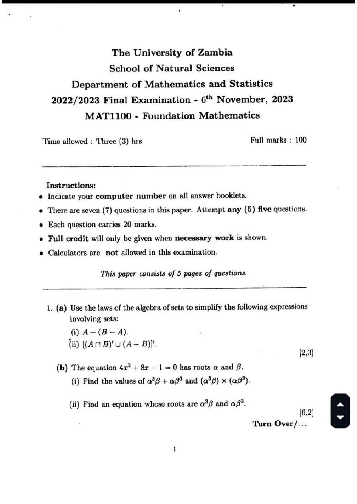 Mathematics 1100 2023 final exam 6 November - The University of Zambia ...