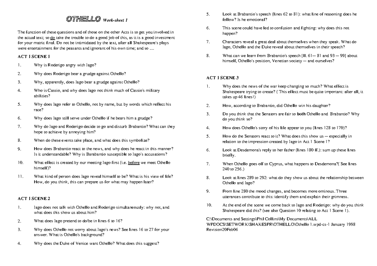 Othello-worksheet-1 - Questions based on Act 1 - Work-sheet 1 The ...
