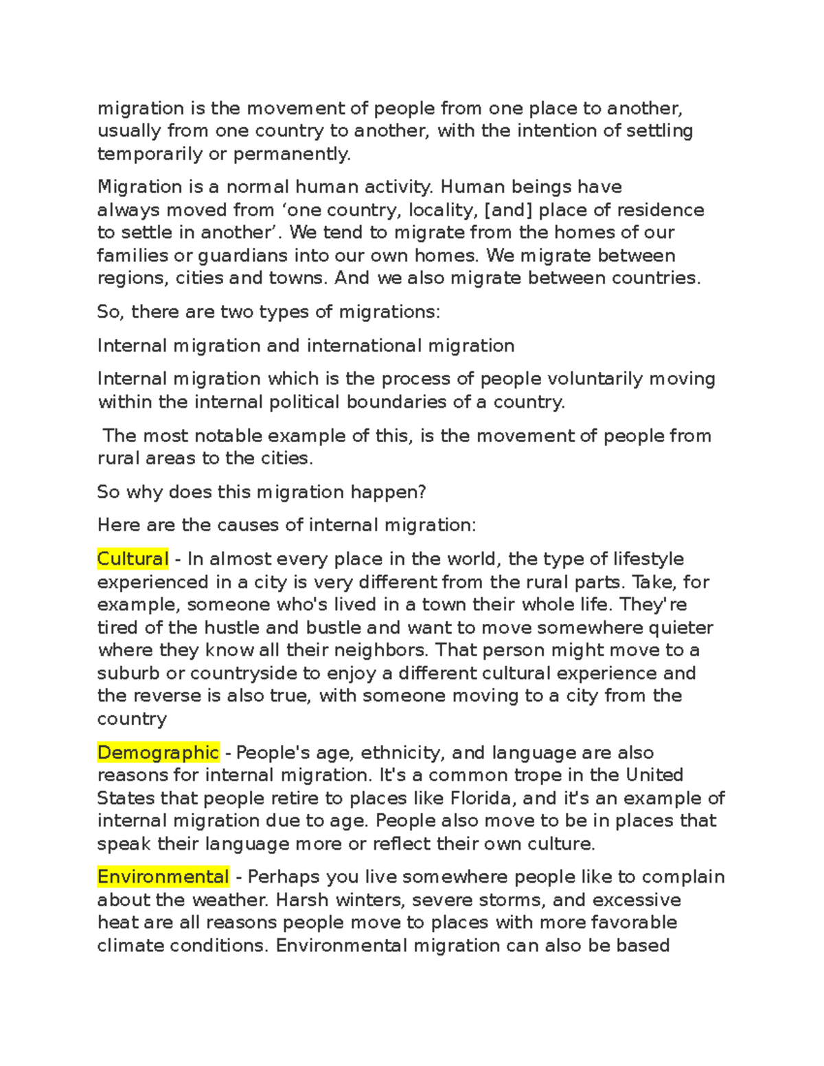 Migration is the movement of people from one place to another ...