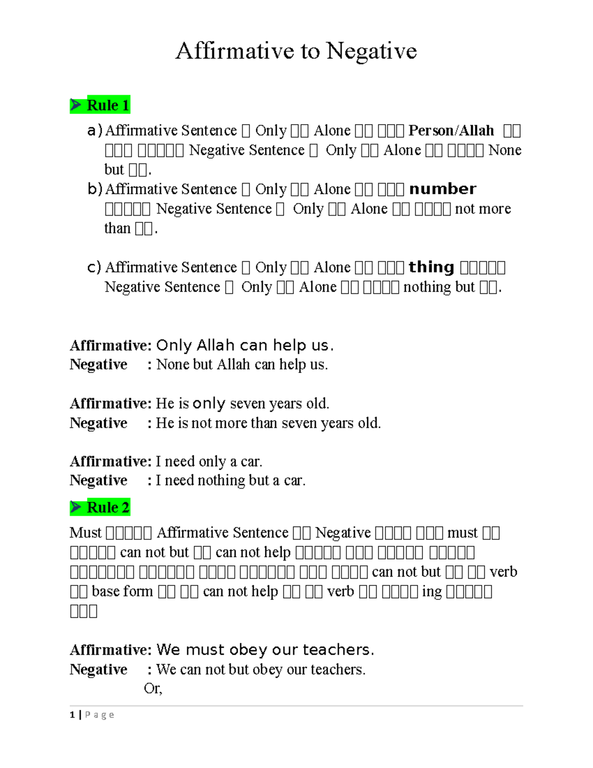 Affirmative to negative - Rule 1 a) Affirmative Sentence এ Only এএ Alone এএ এএএ Person/Allah এএ ...