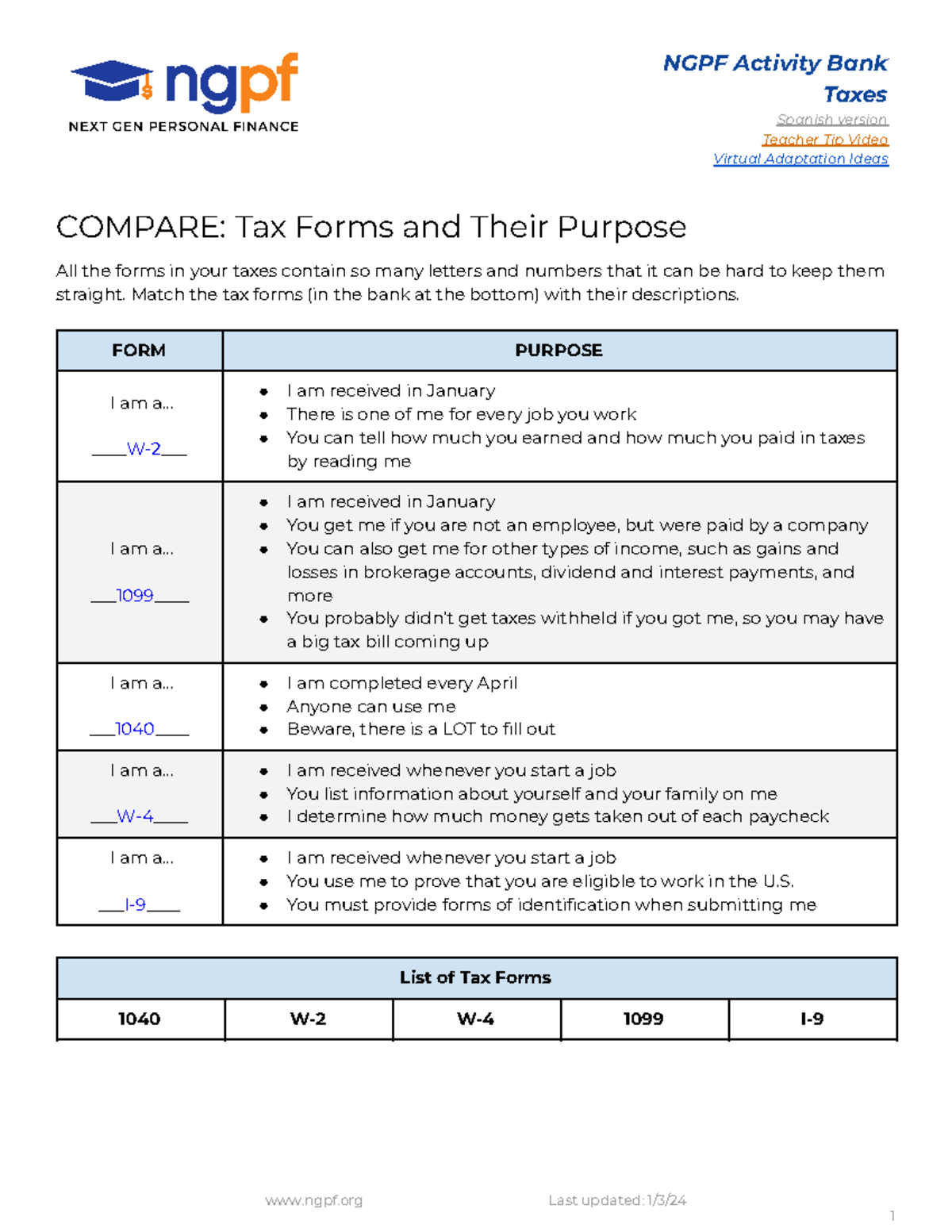 Copy of Compare Tax Forms and their Purpose - NGPF Activity Bank Taxes Spanish version Teacher ...