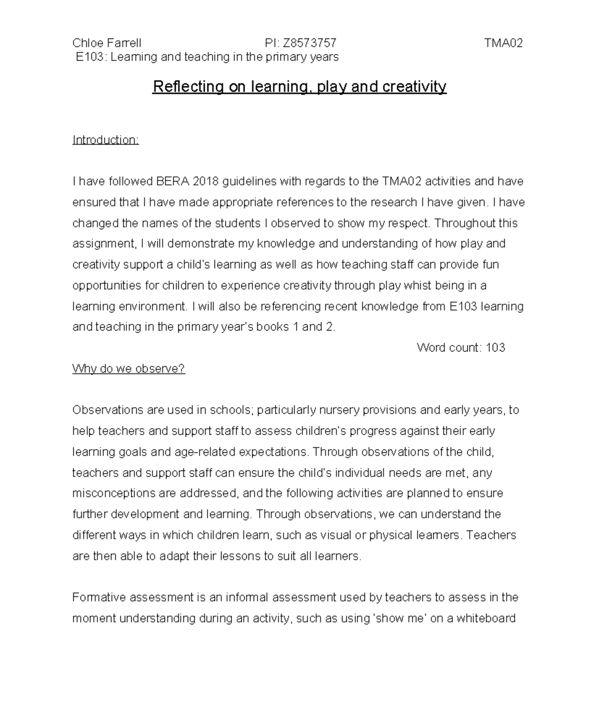 Chloe Farrell Z8573757 E103 TMA02 first draft - E103: Learning and teaching in the primary years ...