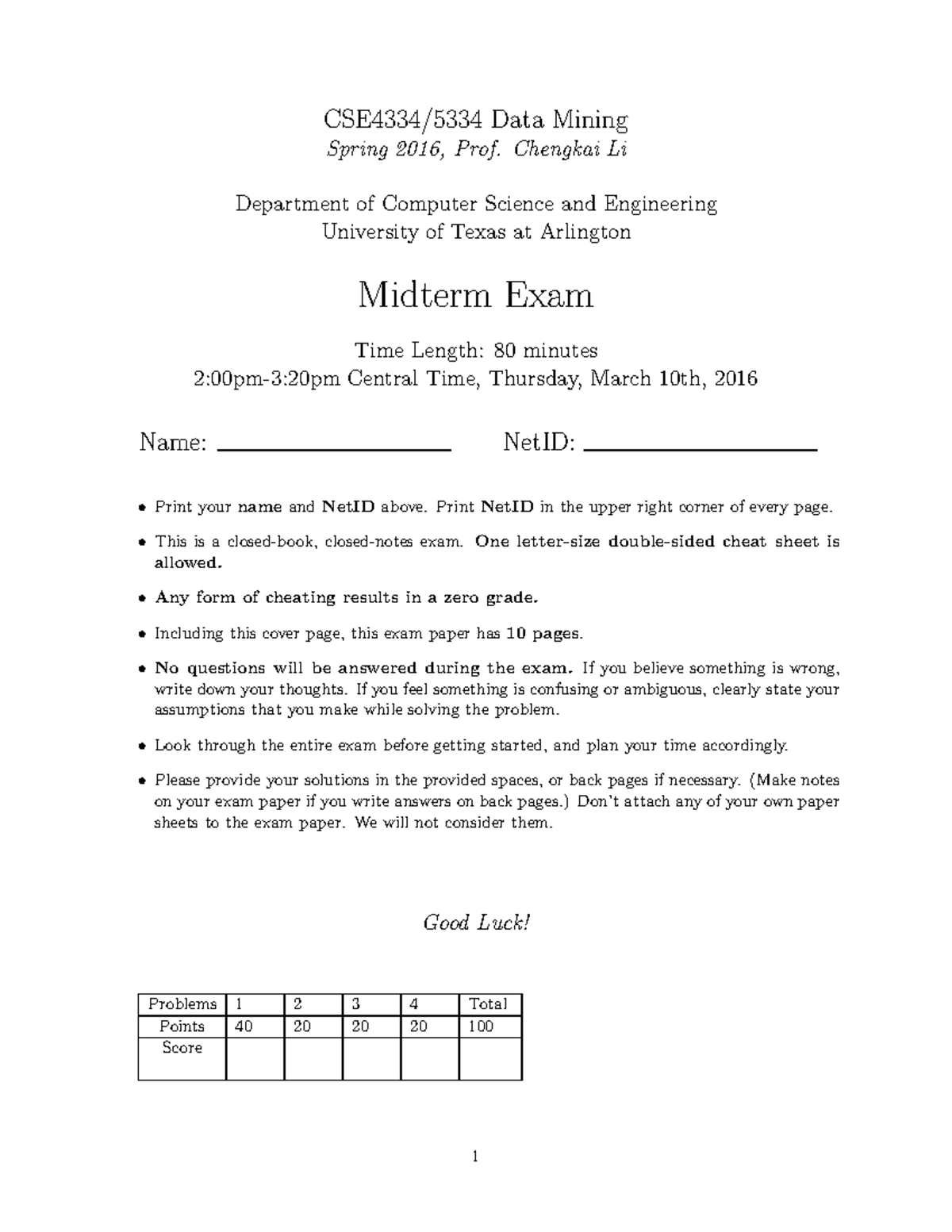 Cse5334-spring 16-midterm - CSE4334/5334 Data Mining Spring 2016, Prof ...