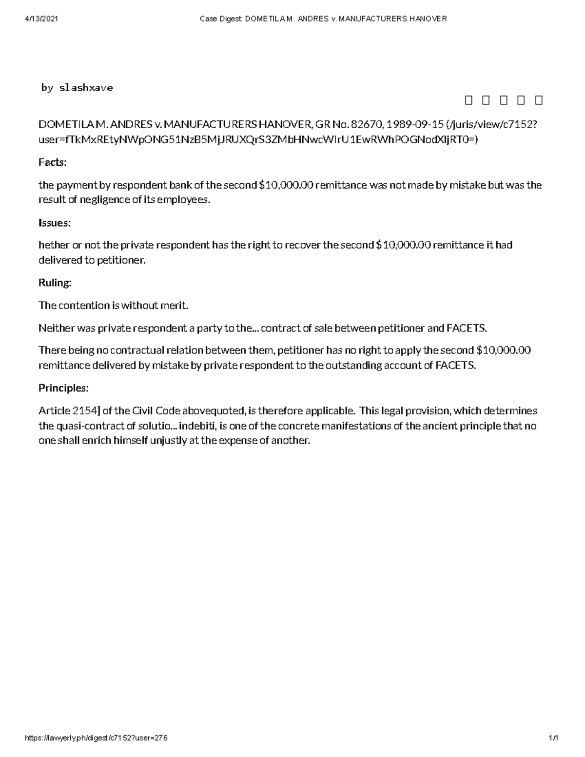 Andres v. Manufacturers Hanover (LAW OBLIGATION) - 4/13/2021 Case ...