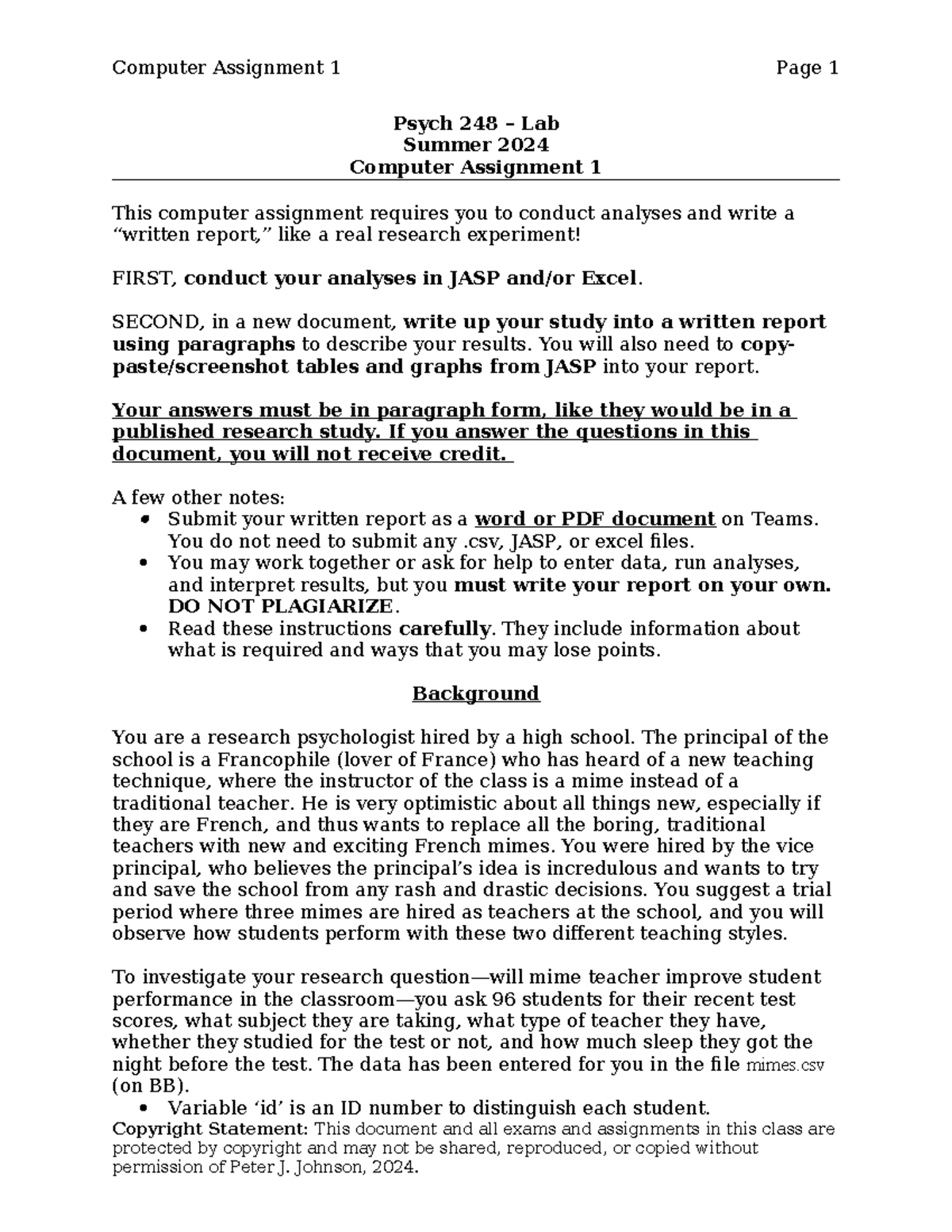 Assignment 1 - com assign - Psych 248 – Lab Summer 2024 Computer Assignment 1 This computer ...