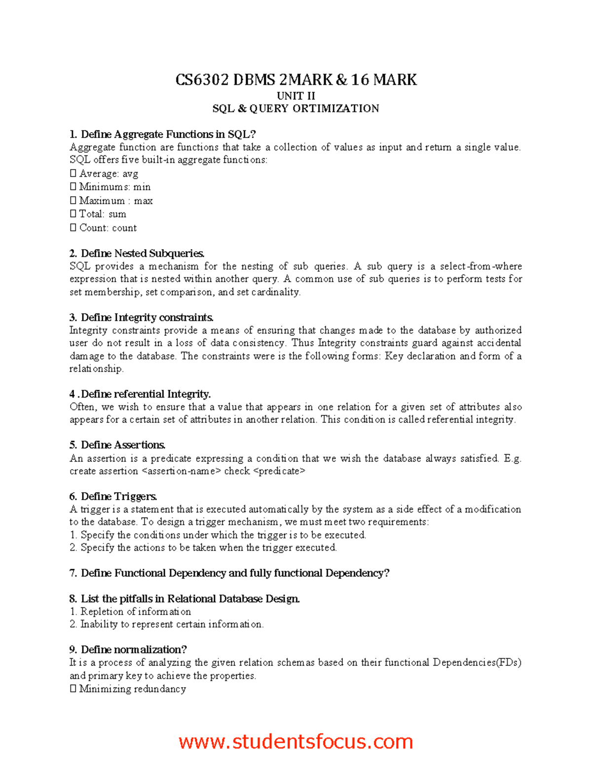 Dbms unit2 2 marks - good - CS6302 DBMS 2MARK & 16 MARK UNIT II SQL ...