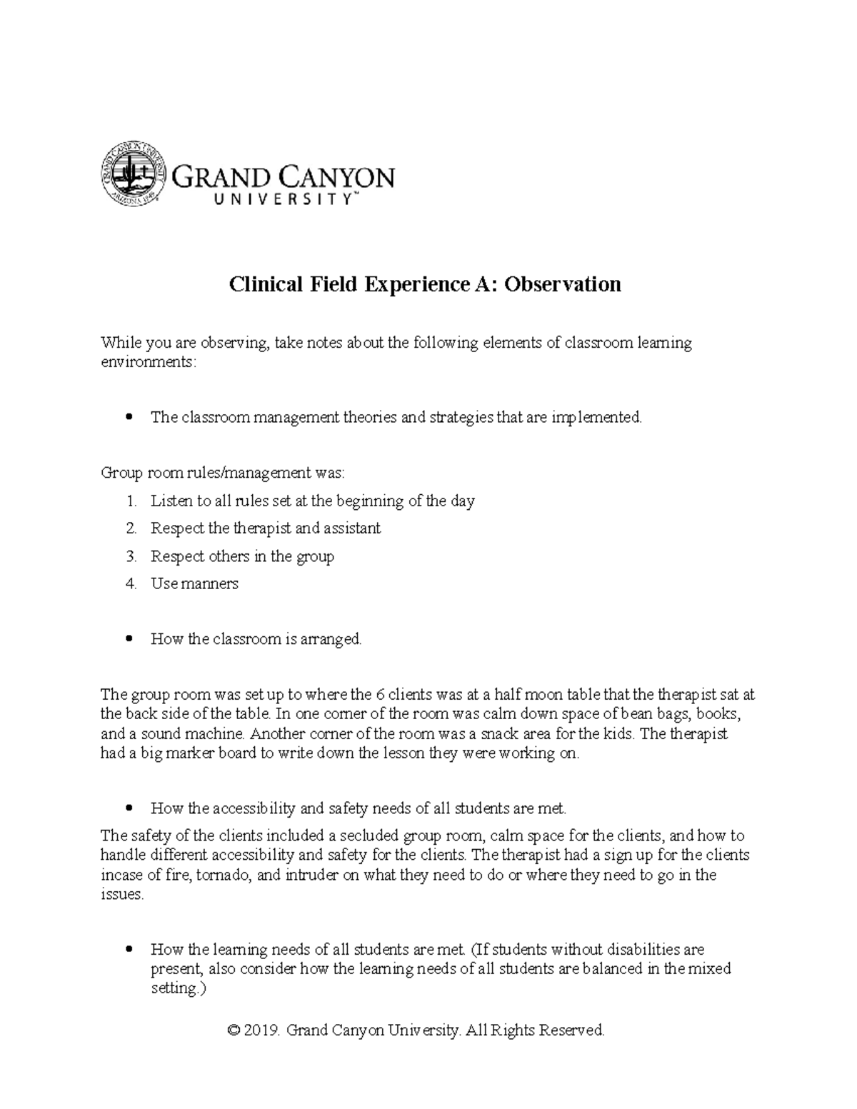 SPD 540 RS Clinical Field Experience A Observation - Clinical Field ...