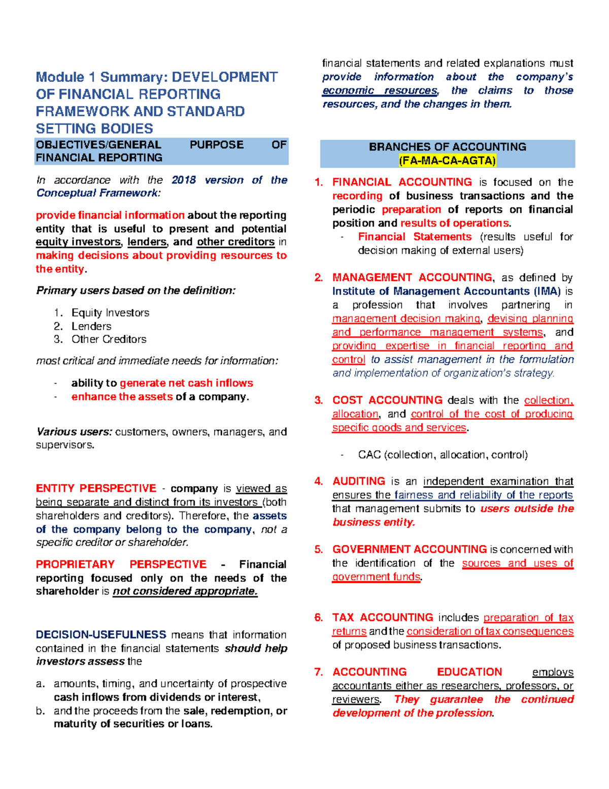 CFAS-Summary - pdf - Module 1 Summary: DEVELOPMENT OF FINANCIAL REPORTING FRAMEWORK AND STANDARD ...