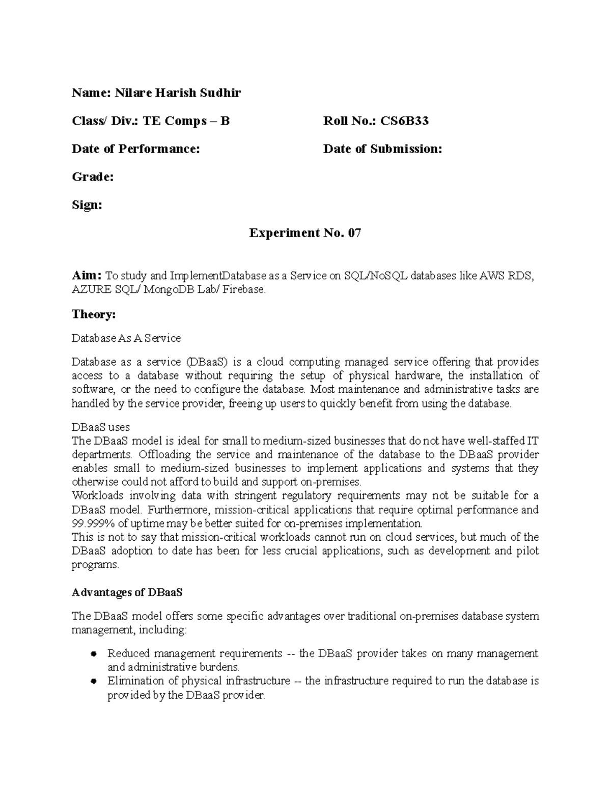 Cloud Computing Experiment 07 Implement Database as a Service - Name: Nilare Harish Sudhir Class ...