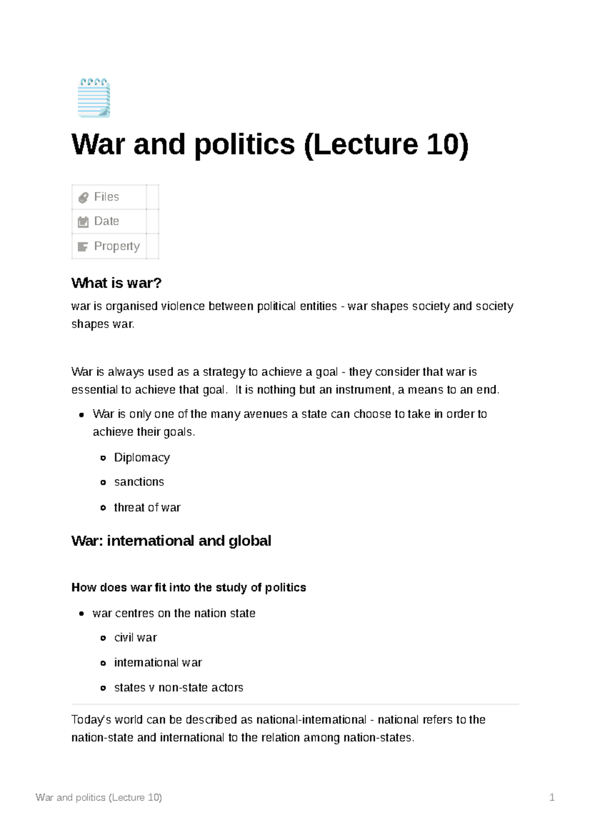 War and politics (Lecture 10) - War is always used as a strategy to ...