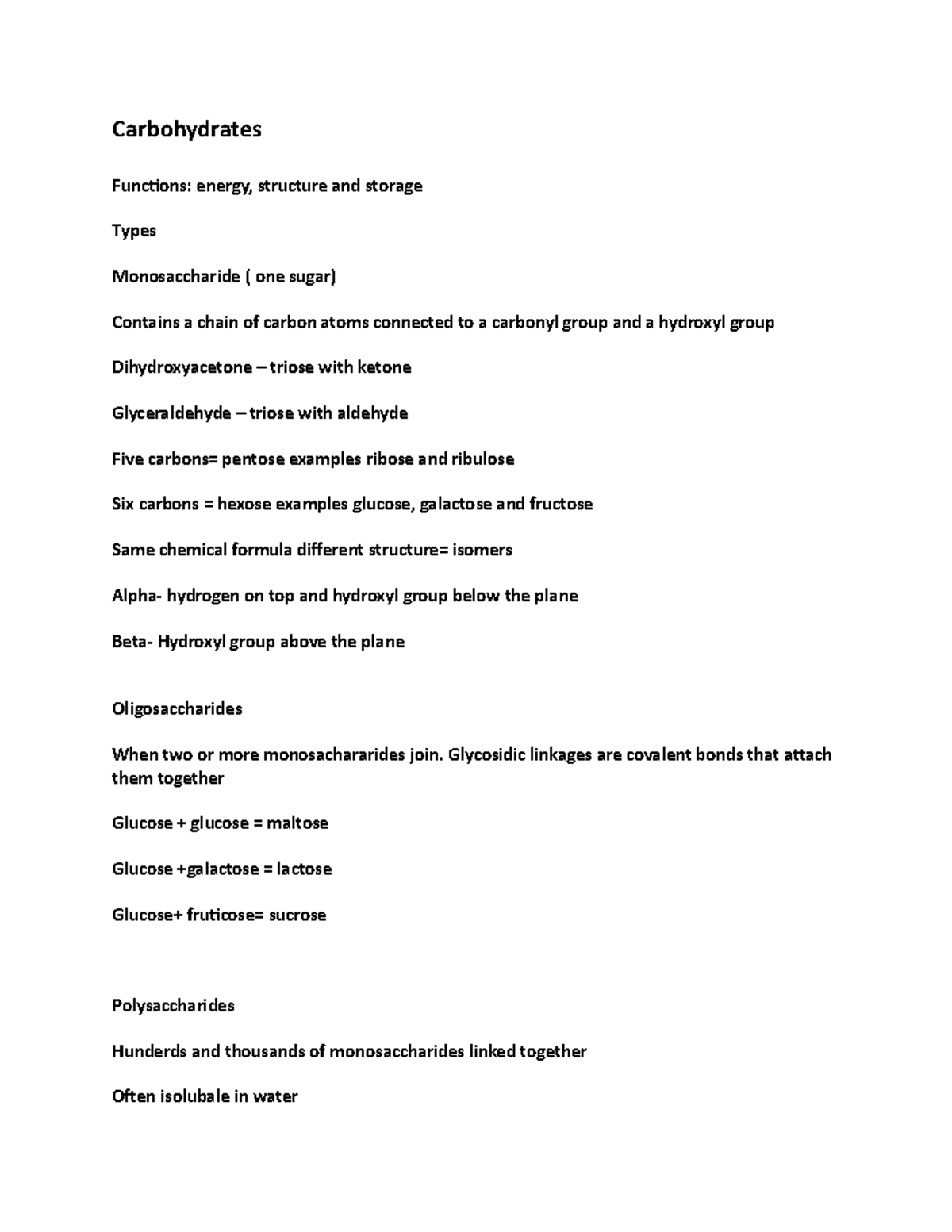 Carbohydrates - Lecture notes 1-10 - Carbohydrates Functions: energy ...
