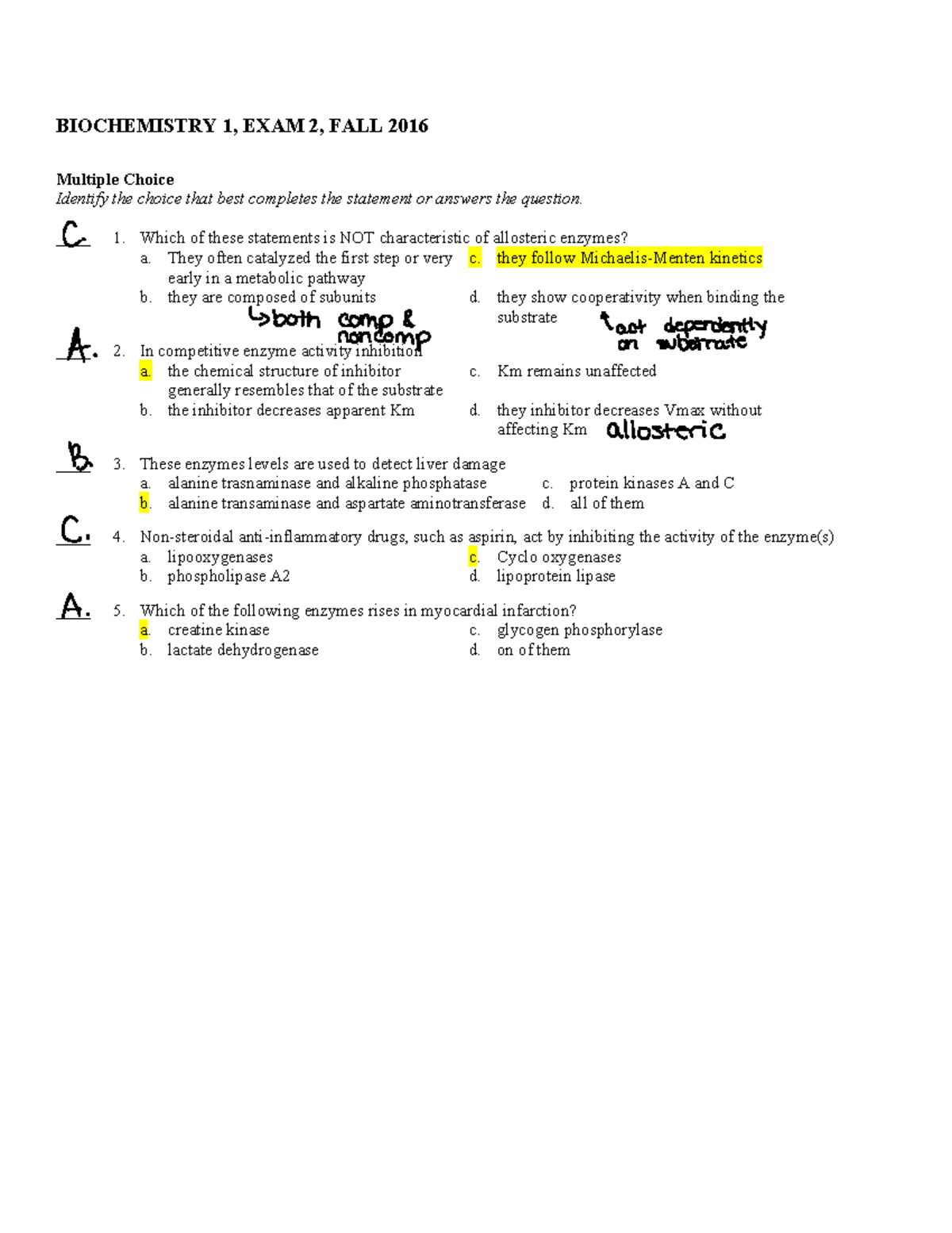 Biochem Exam 2 Master DOCS - BIOCHEMISTRY 1, EXAM 2, FALL 2016 Multiple ...