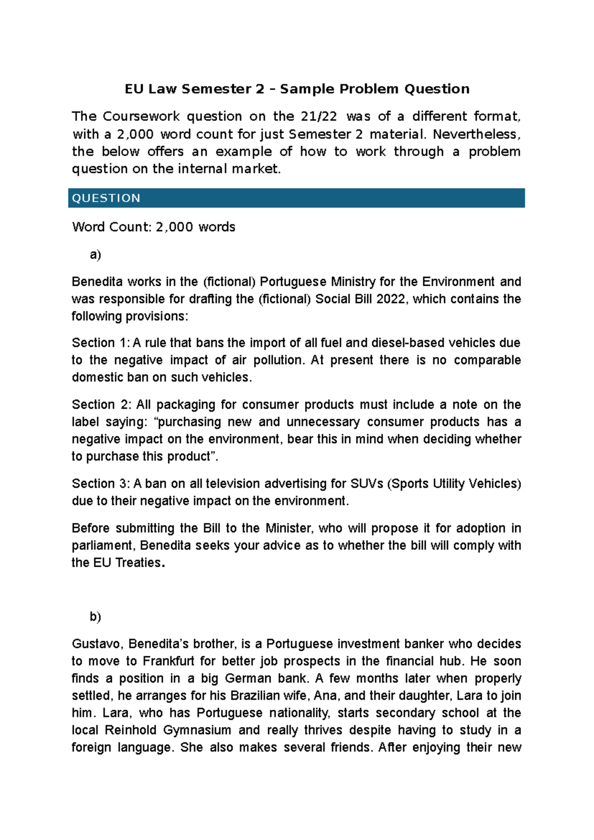 EU Law Semester 2 – Sample Problem Question - EU Law Semester 2 – Sample Problem Question The ...
