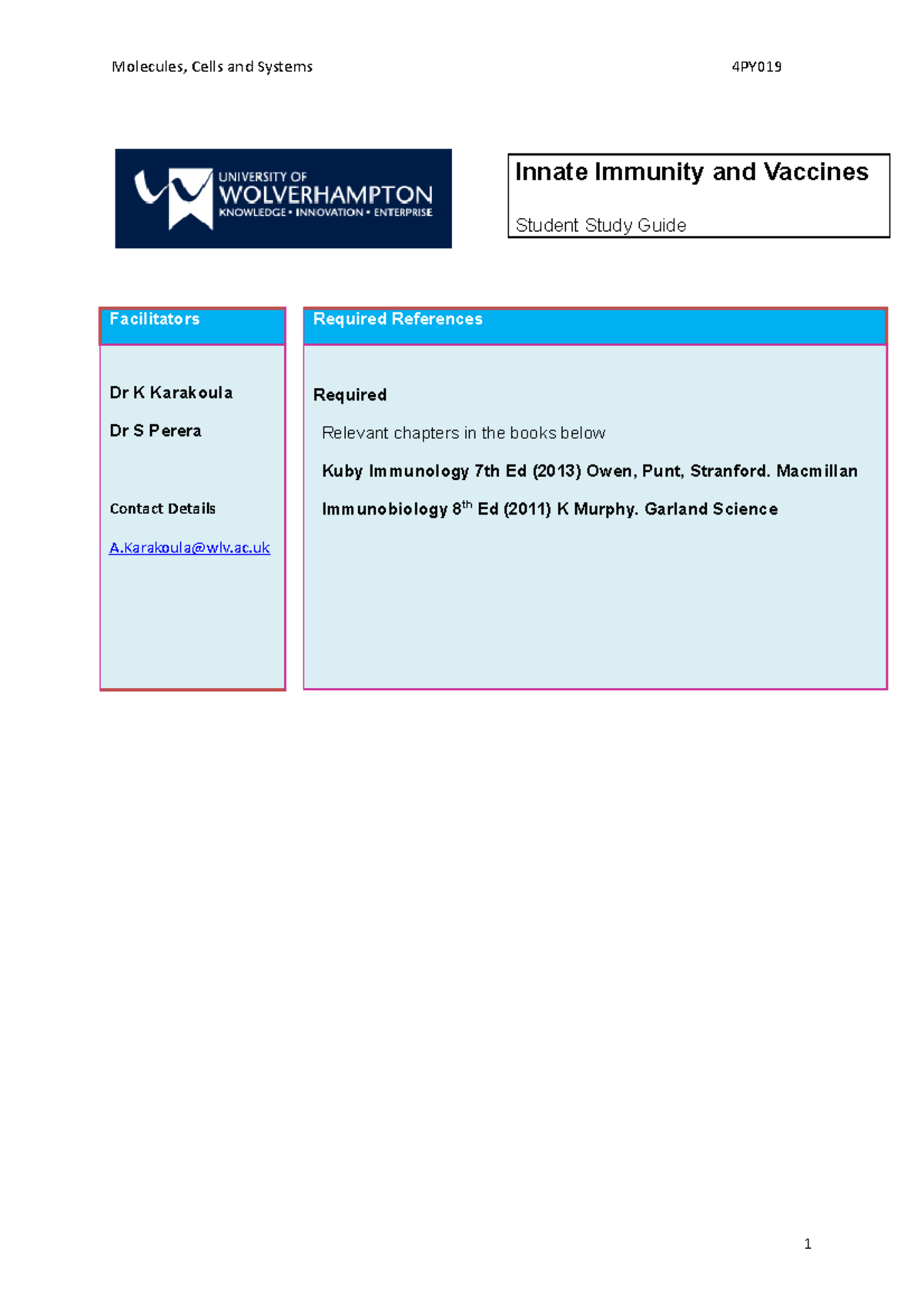 Innate Immunity Study Guide - Facilitators Required References Dr K ...