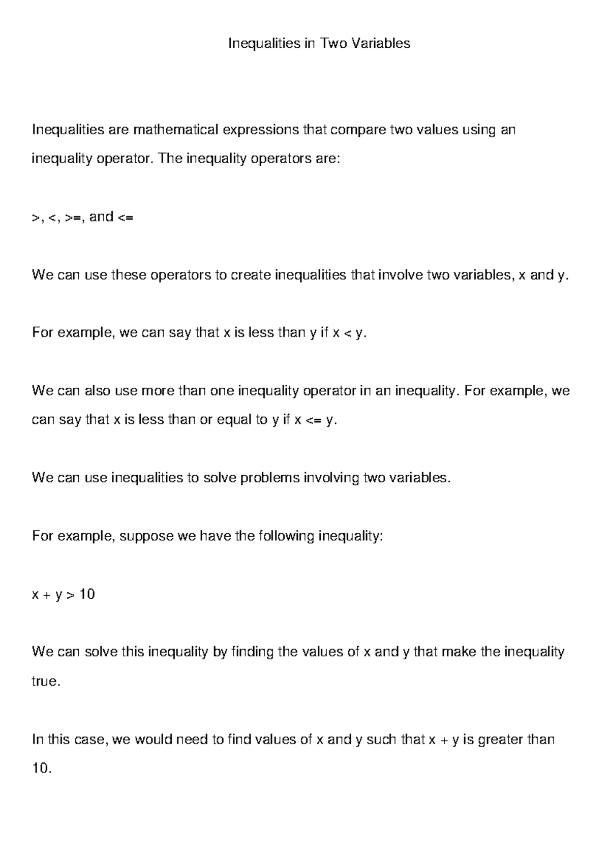 Inequalities in Two Variables - Inequalities in Two Variables ...